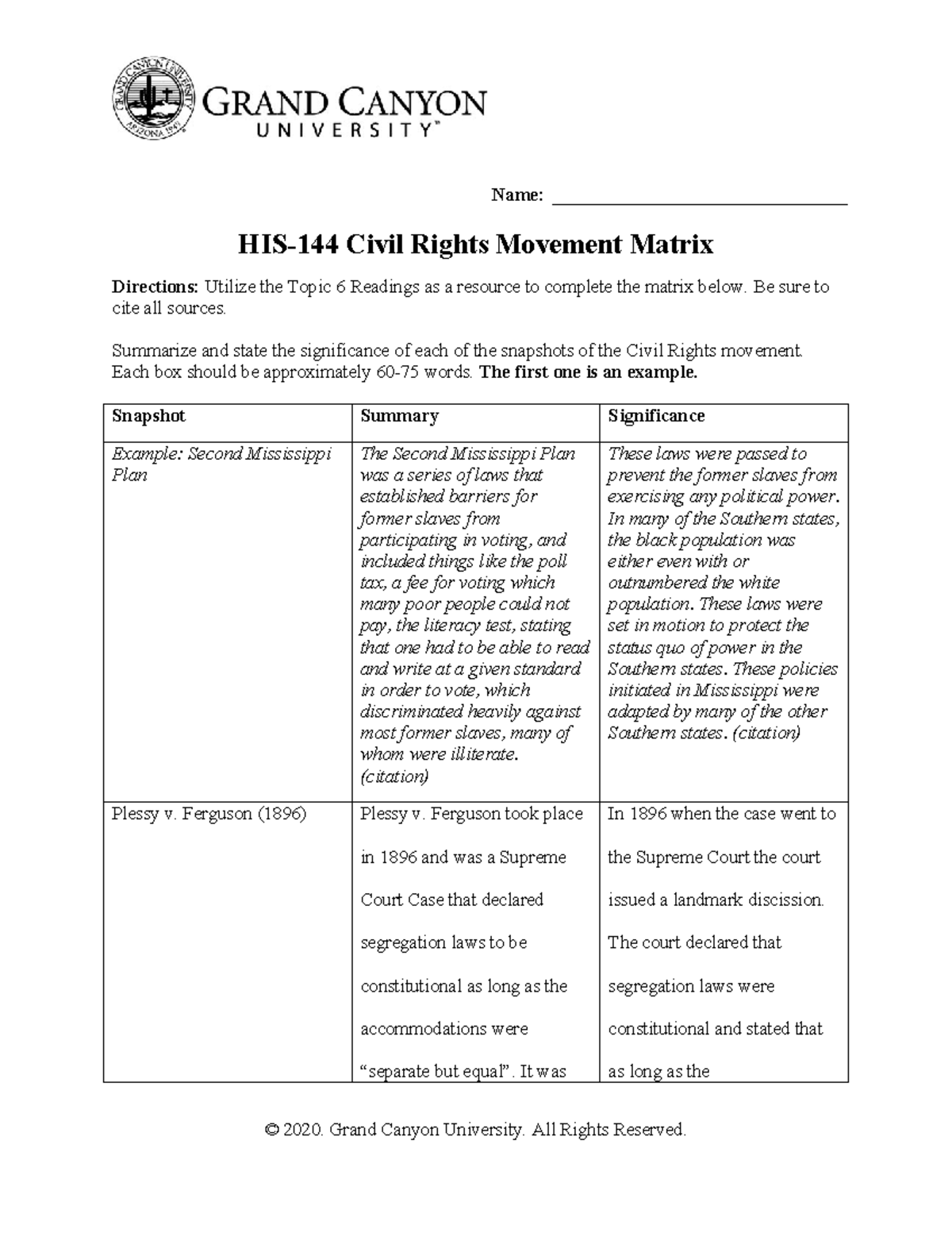 HIS-144-T6 Civil Rights Movement Matrix Online - Name: HIS-144 Civil ...