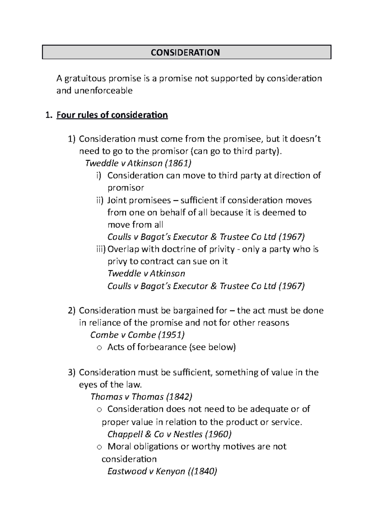 Consideration Law - Lecture notes 5 - CONSIDERATION A gratuitous ...