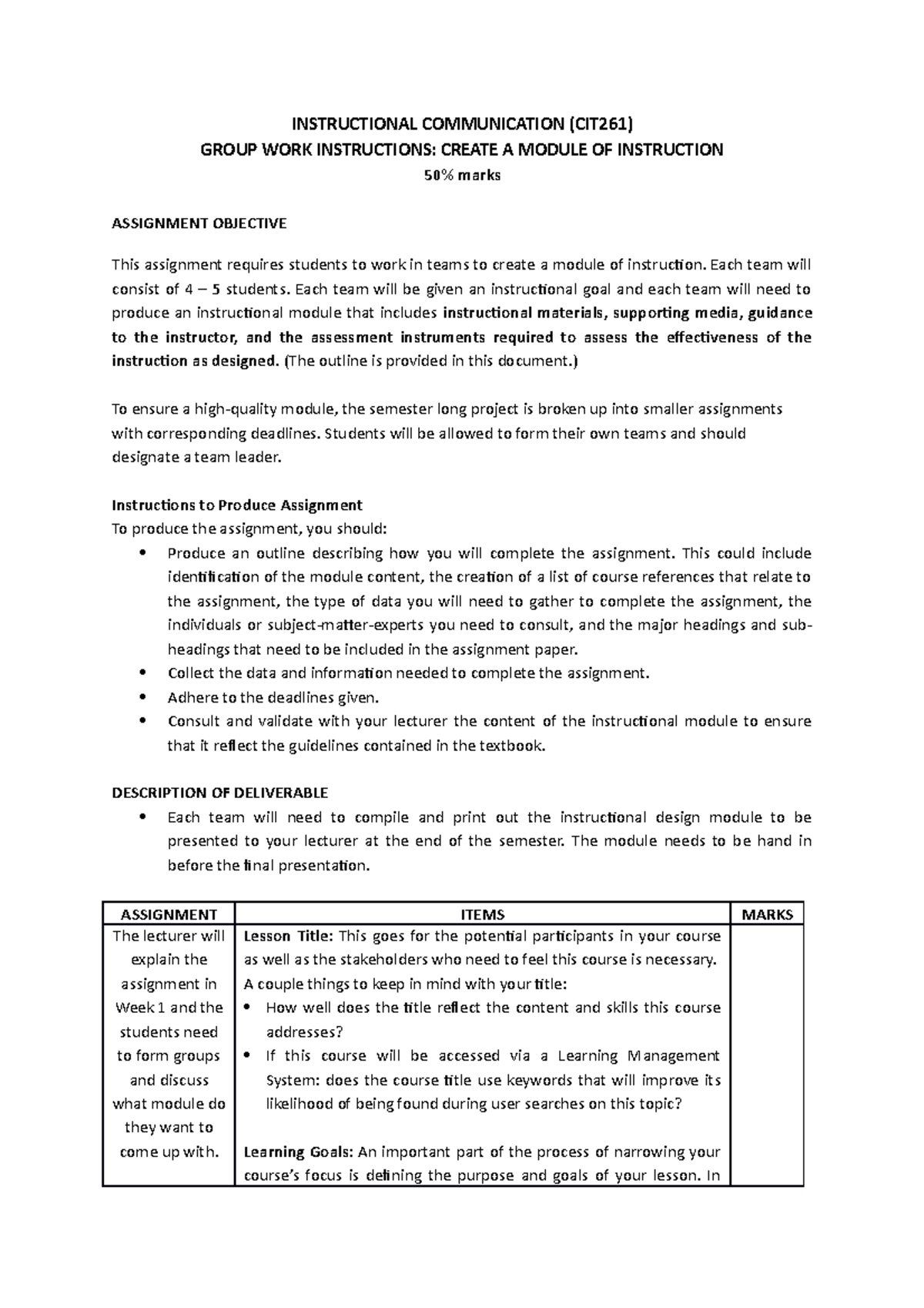 Assignment Instruction - INSTRUCTIONAL COMMUNICATION (CIT261) GROUP ...
