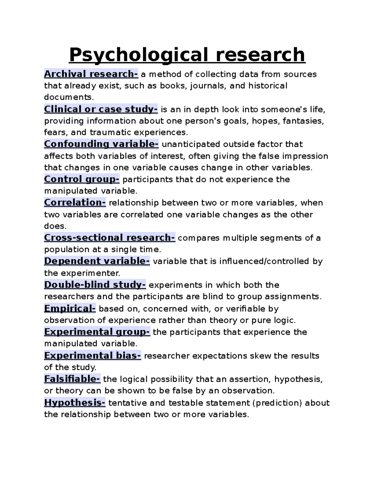 Psychology notes module 2 - Psychological research Archival research- a ...