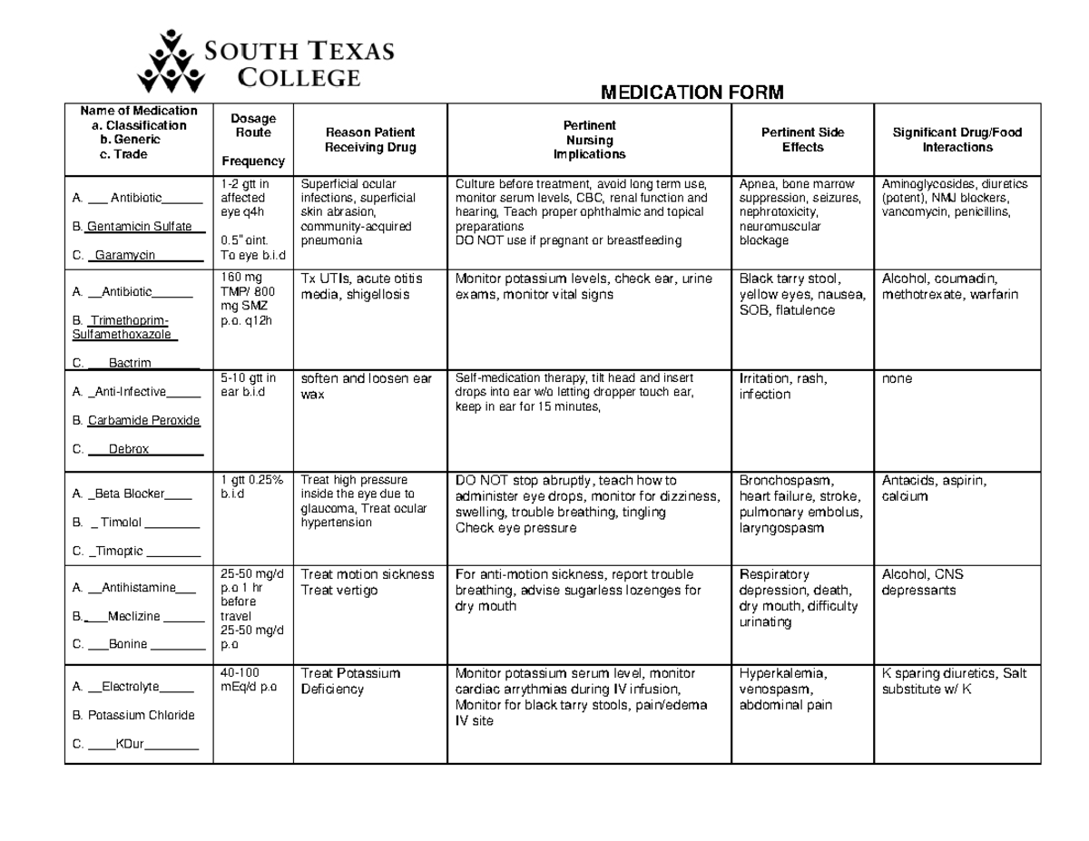 Med Form 3 - exam 3 medication form - MEDICATION FORM Name of ...