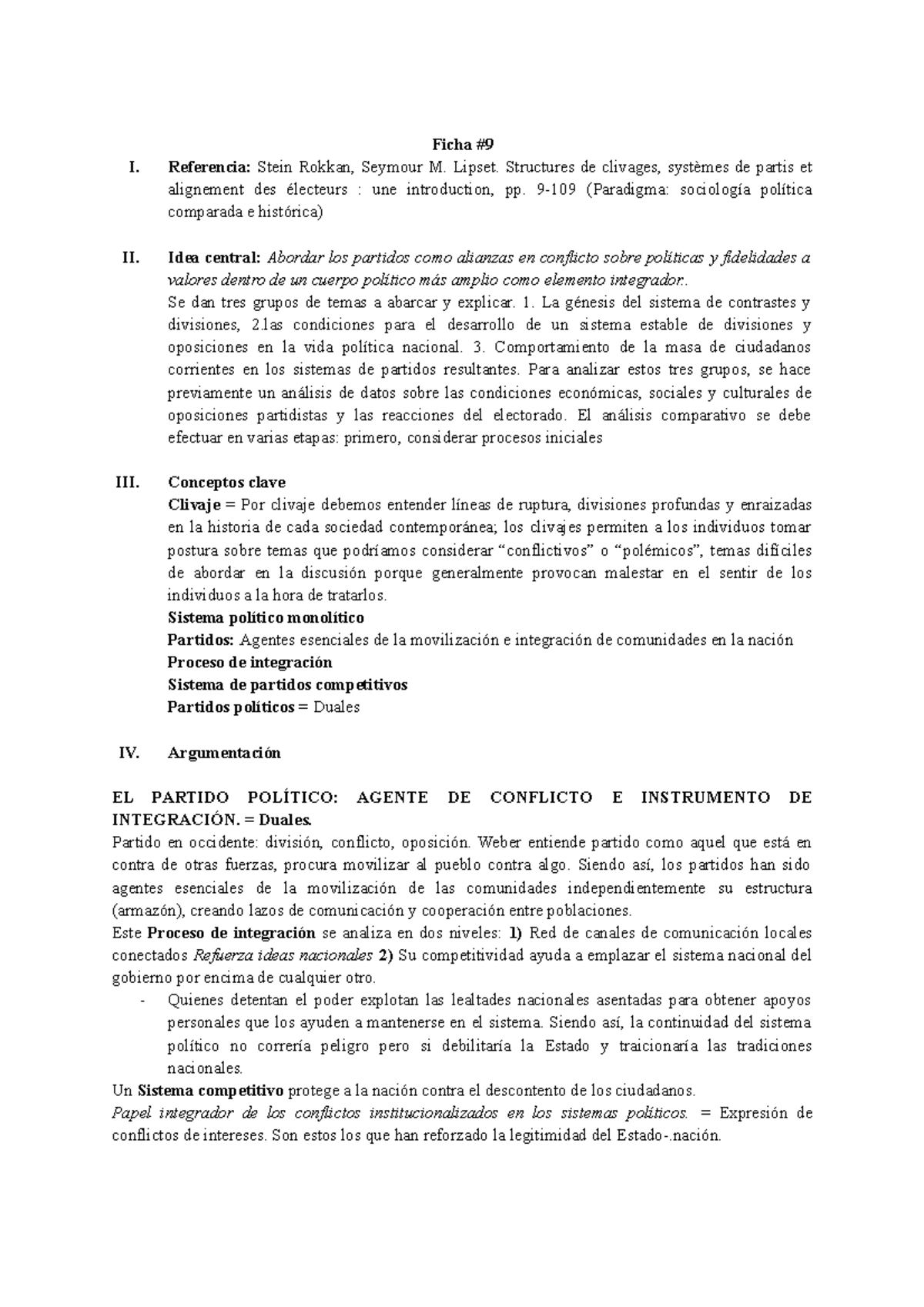 Ficha de Lipset y Rokkan - Sistemas Electorales - UniJaveriana - Studocu