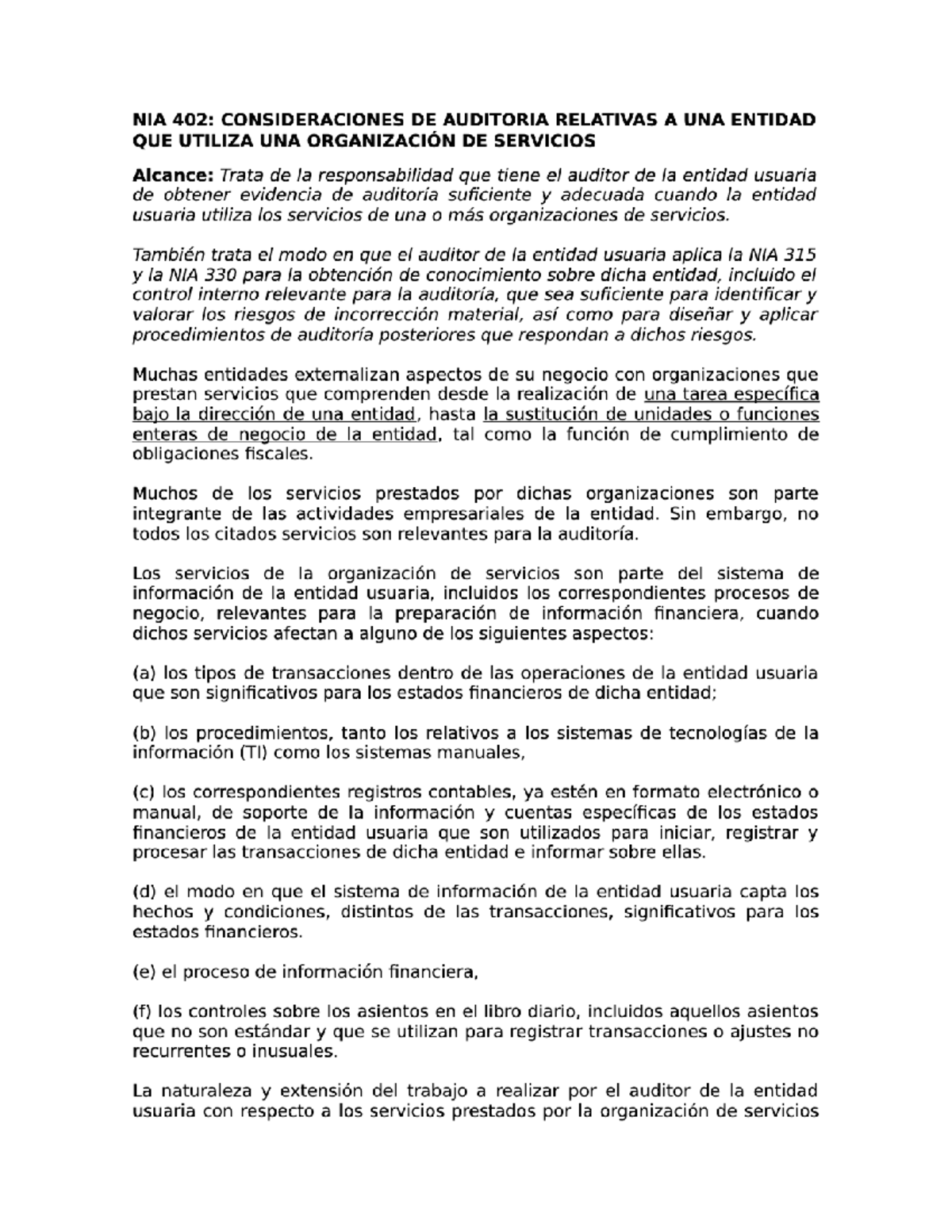 Resumen de La NIA 402. - Normas Internacionales de Auditoría I - Studocu