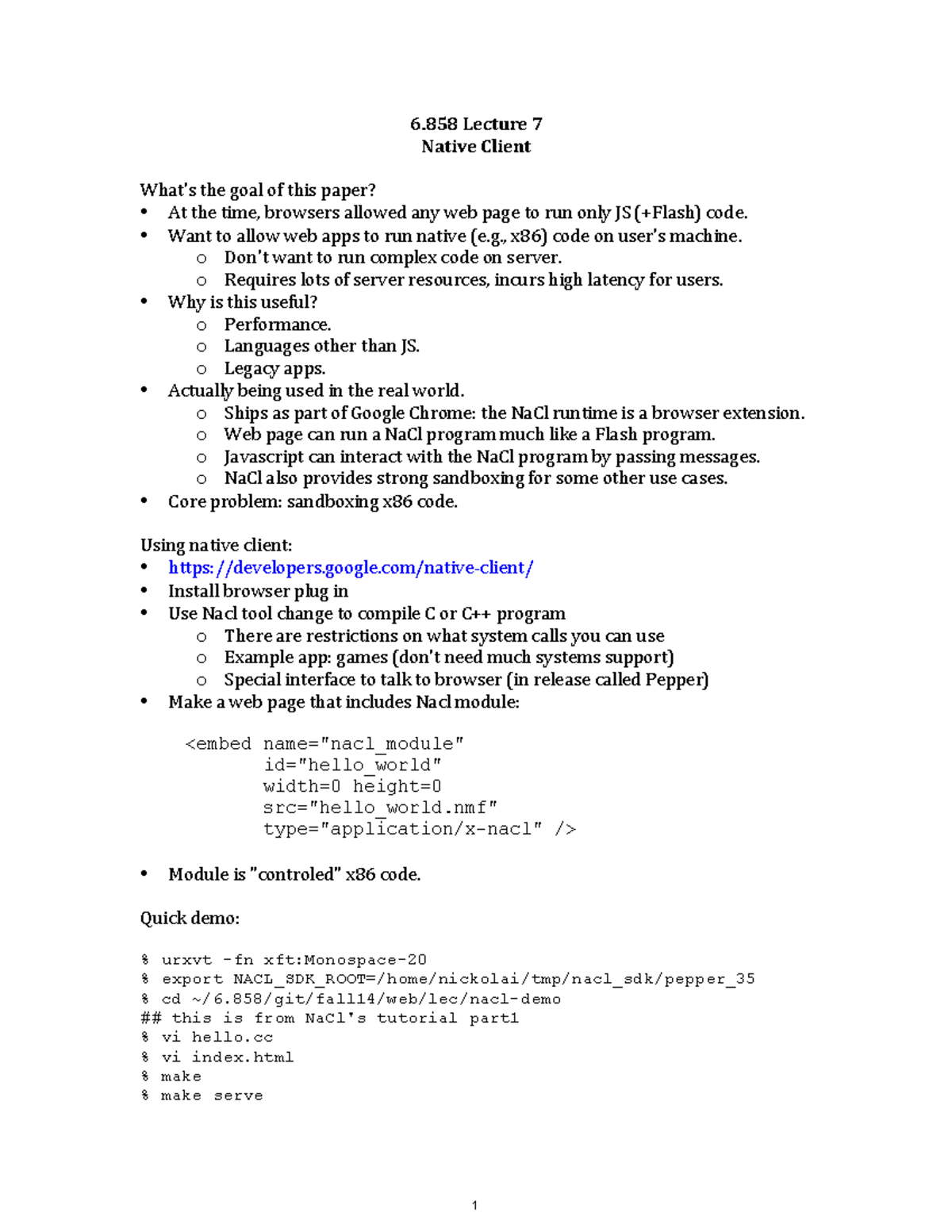 Lecture 7 - computer systems security - 6 Lecture 7 Native Client What ...