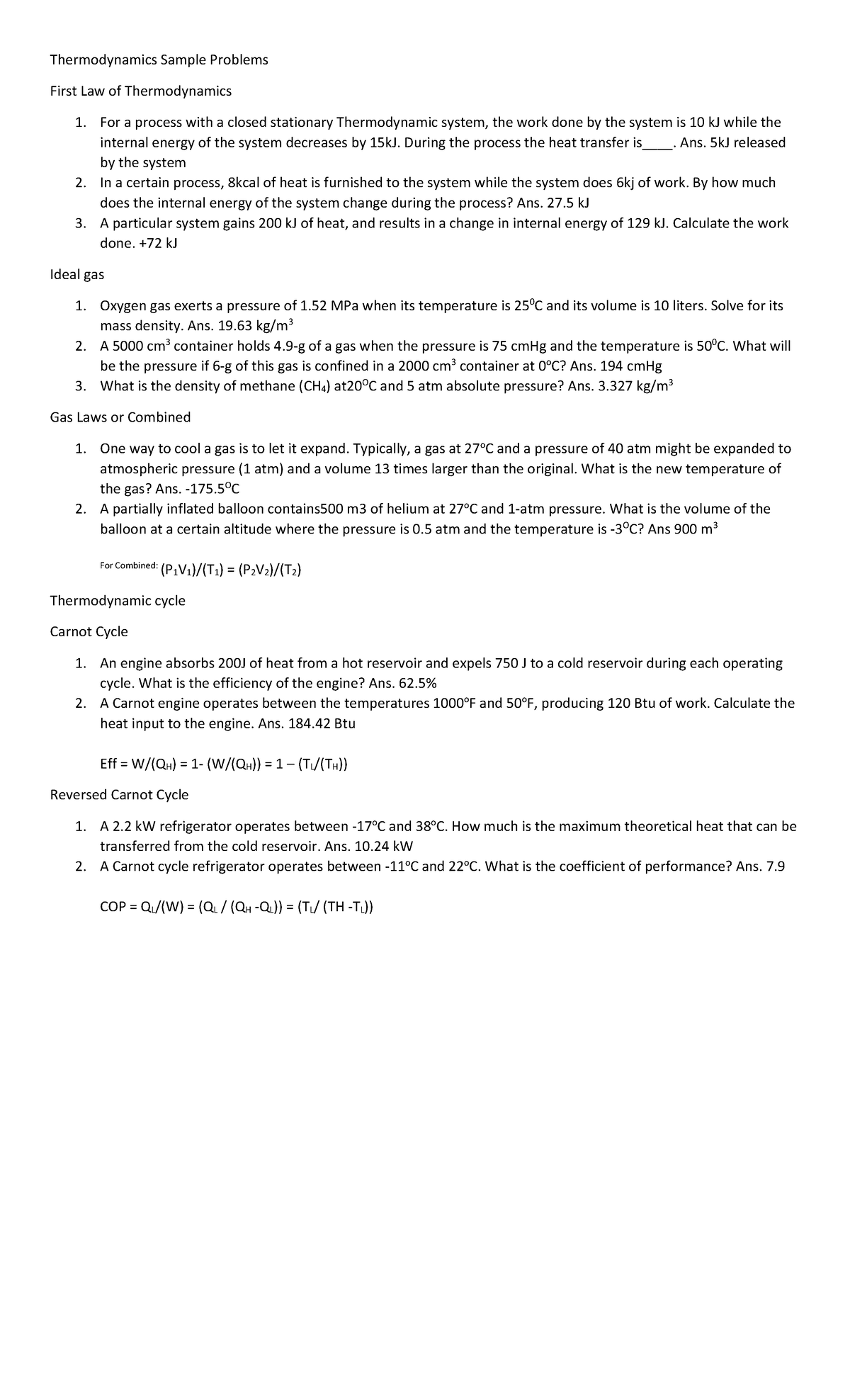 Thermo Finals Sample Problems - Thermodynamics Sample Problems First ...