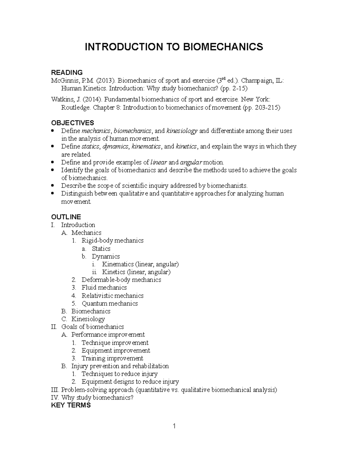 Introduction to Biomechanics - INTRODUCTION TO BIOMECHANICS READING ...
