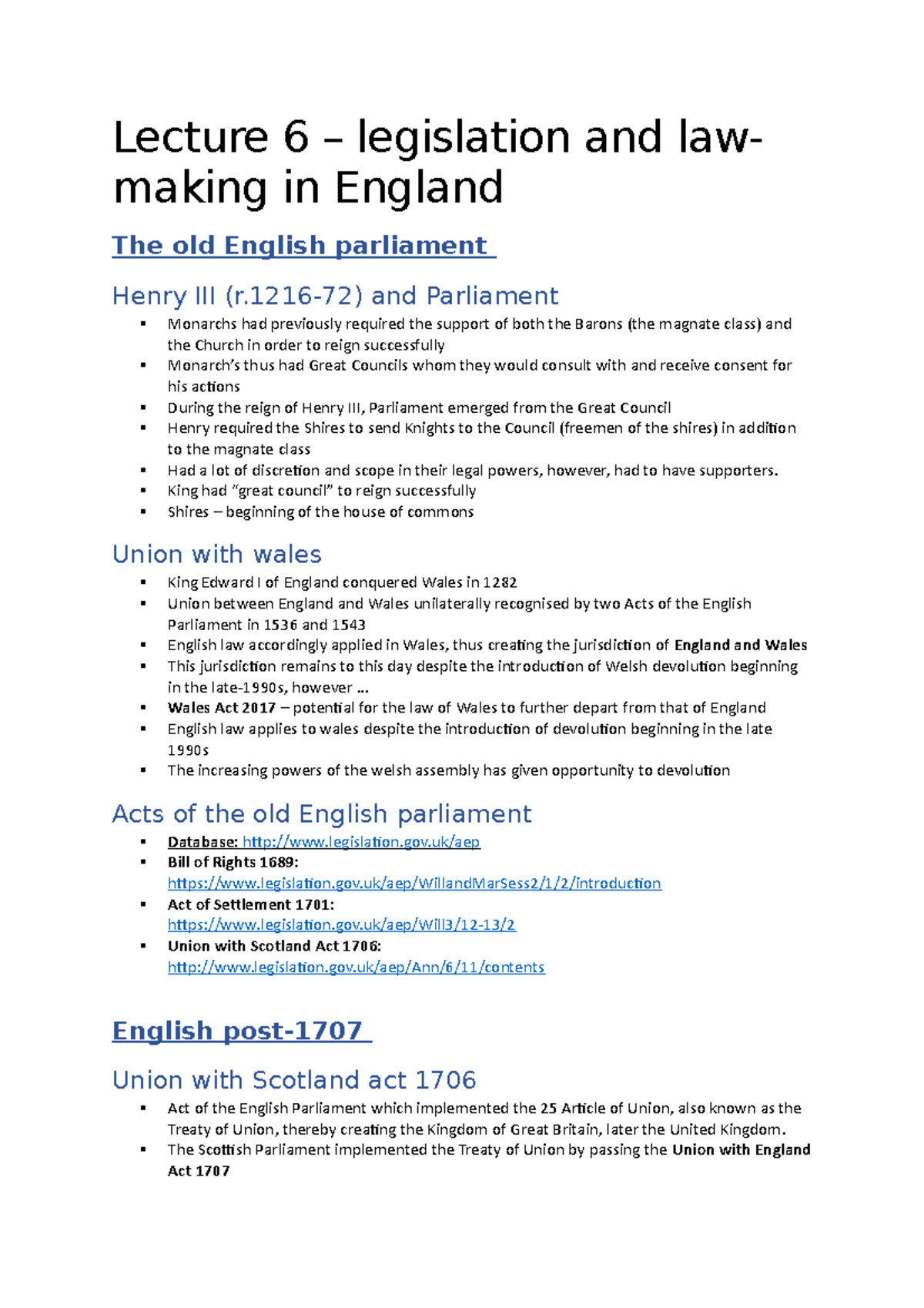 Lecture 6 & 7 – legislation and law-making in England - Lecture 6 ...