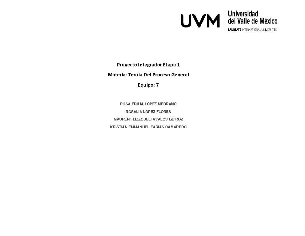 A1 Eq7 - Proyecto Integrador Etapa 1 Materia: Teoría Del Proceso General Equipo: 7 ROSA EDILIA ...