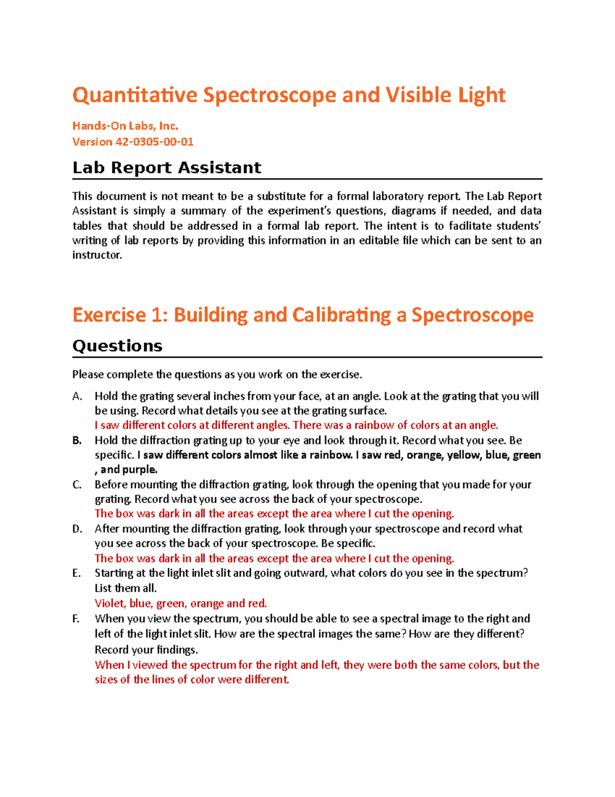 Quantitative Spectroscope and Visible Light, Lab Report Assistant-1 ...