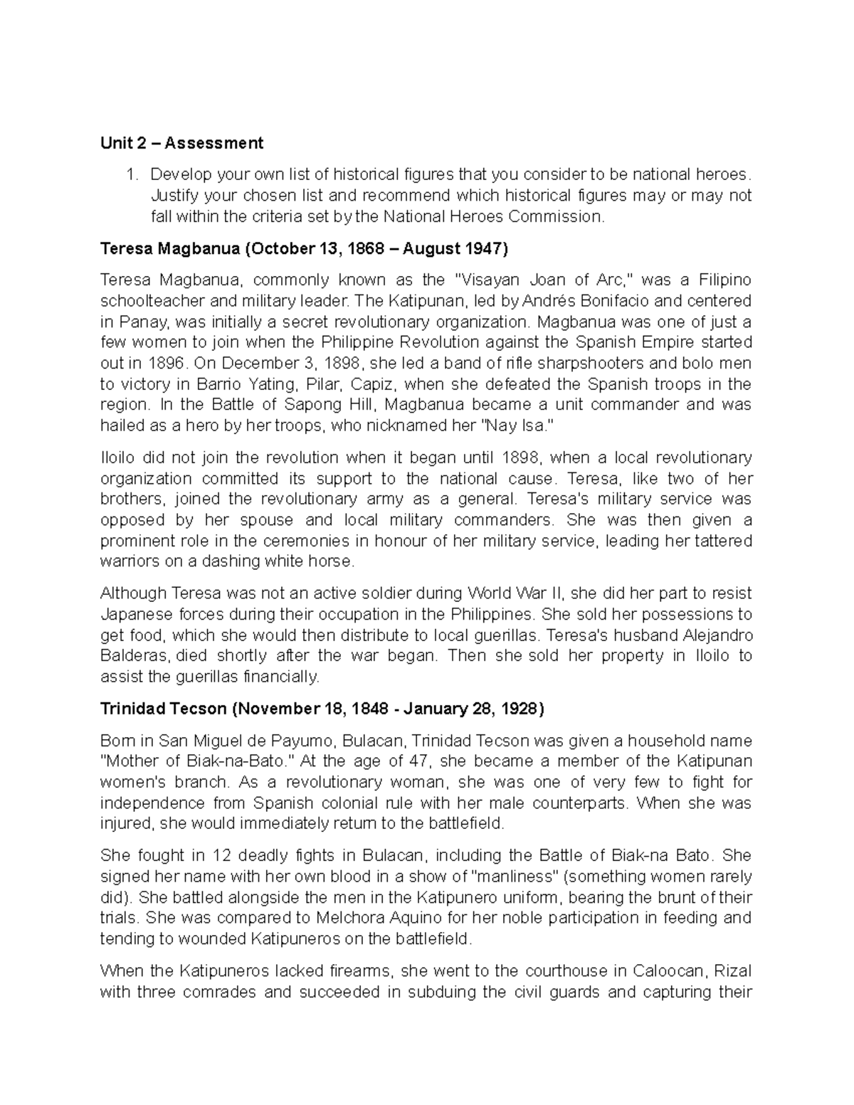 Unit 2 - Lecture Notes - Unit 2 – Assessment Develop your own list of ...