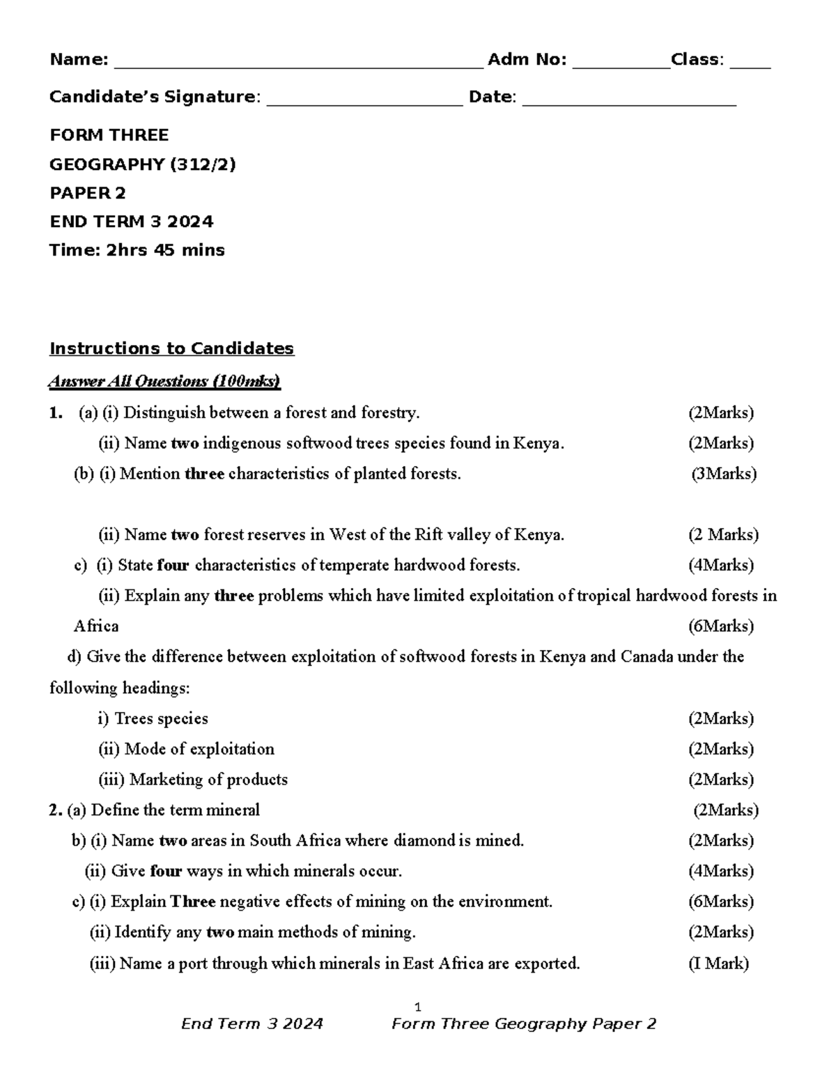 Geography F3 PP2 QS - Exam material - Name