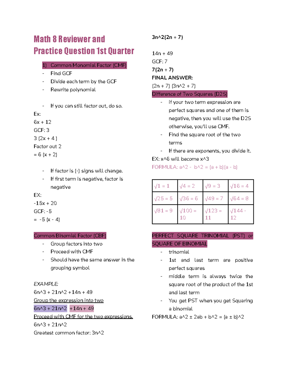 Math 8 Reviewer 1st Quarter - Math 8 Reviewer and Practice Question 1st ...