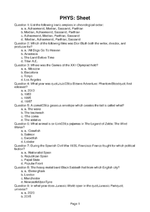 PHYS326 Infomation 5679 - PHYS: Week Question 1: Category: Geography Type: multiple Difficulty ...