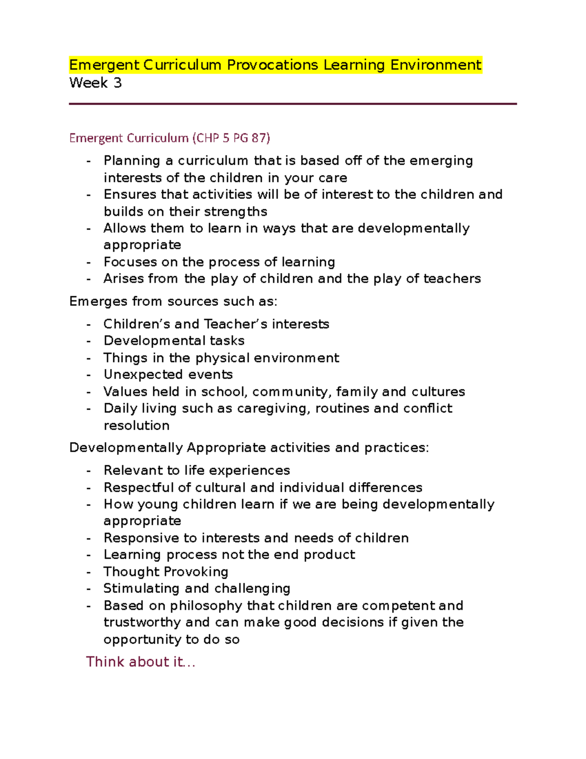 Emergent Curriculum Provocations Learning Environment Week 3 - .. What ...