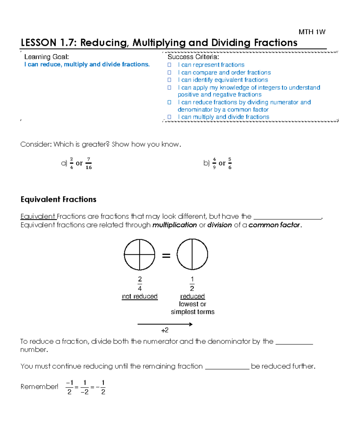 1.7 Reducing, Multiplying and Dividing Fractions - MTH 1W LESSON 1 ...