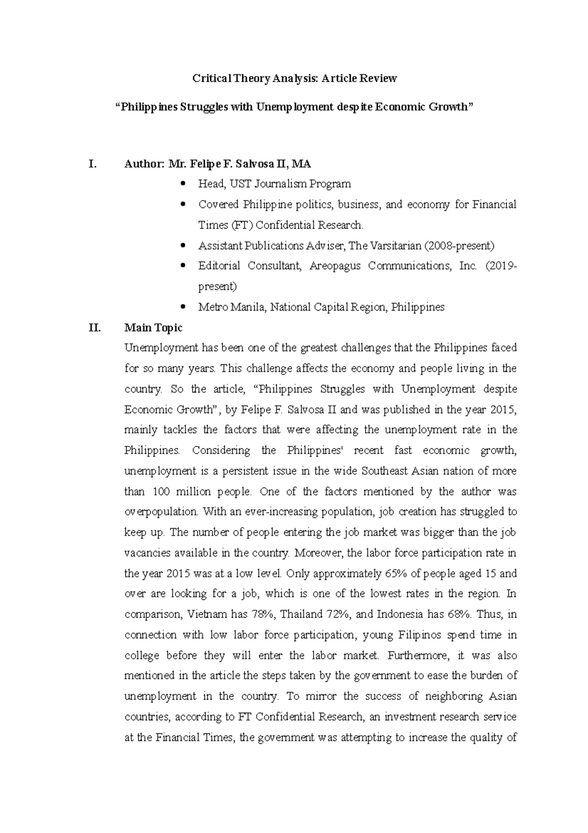 Asian Article Review 2 Philippines Struggles with Unemployment despite ...