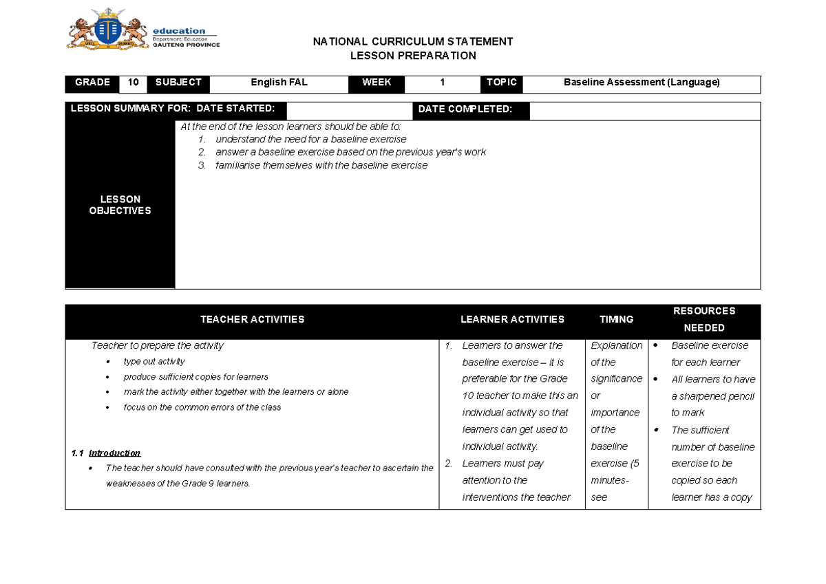 Lesson PLAN 1 Baseline Activity - LESSON PREPARATION GRADE 10 SUBJECT ...