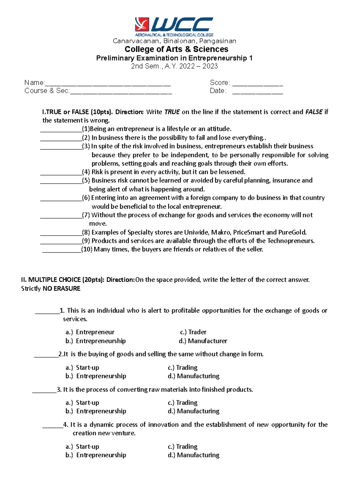 Prelim Examination Entrep 1 - Canarvacanan, Binalonan, Pangasinan ...