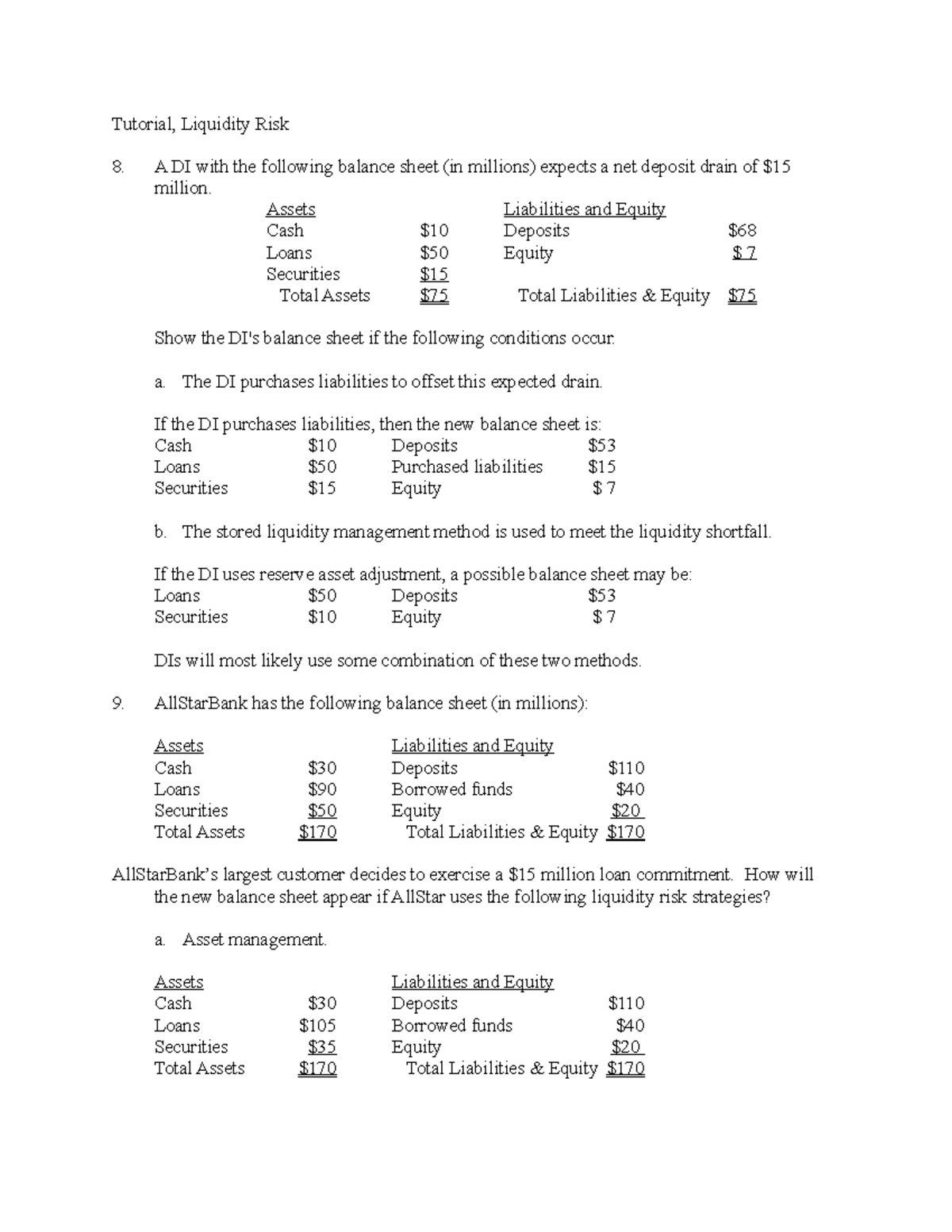 Tutorial+Liquidity+risk - Tutorial, Liquidity Risk A DI with the following balance sheet (in ...