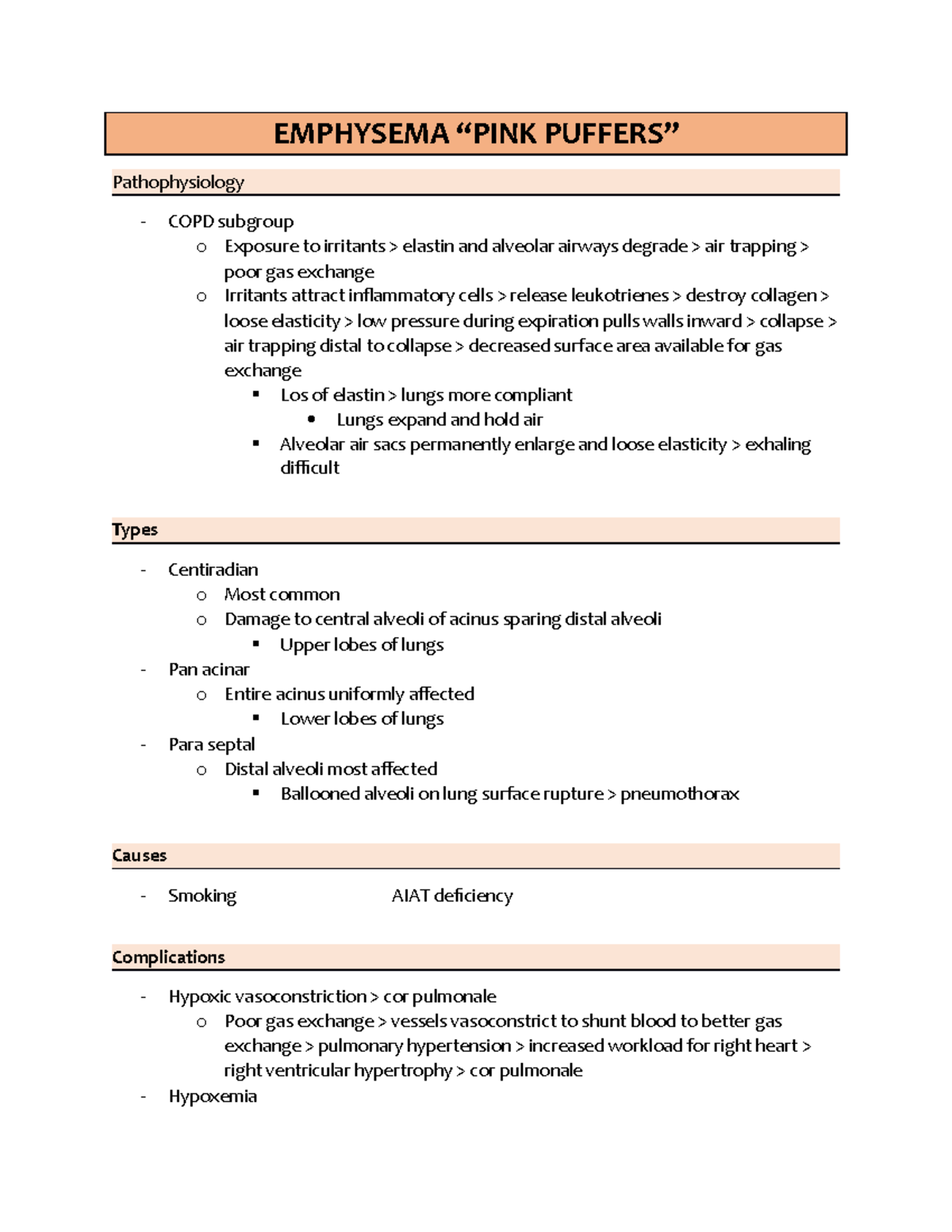 Notes- Emphysema - EMPHYSEMA “PINK PUFFERS” Pathophysiology - COPD ...