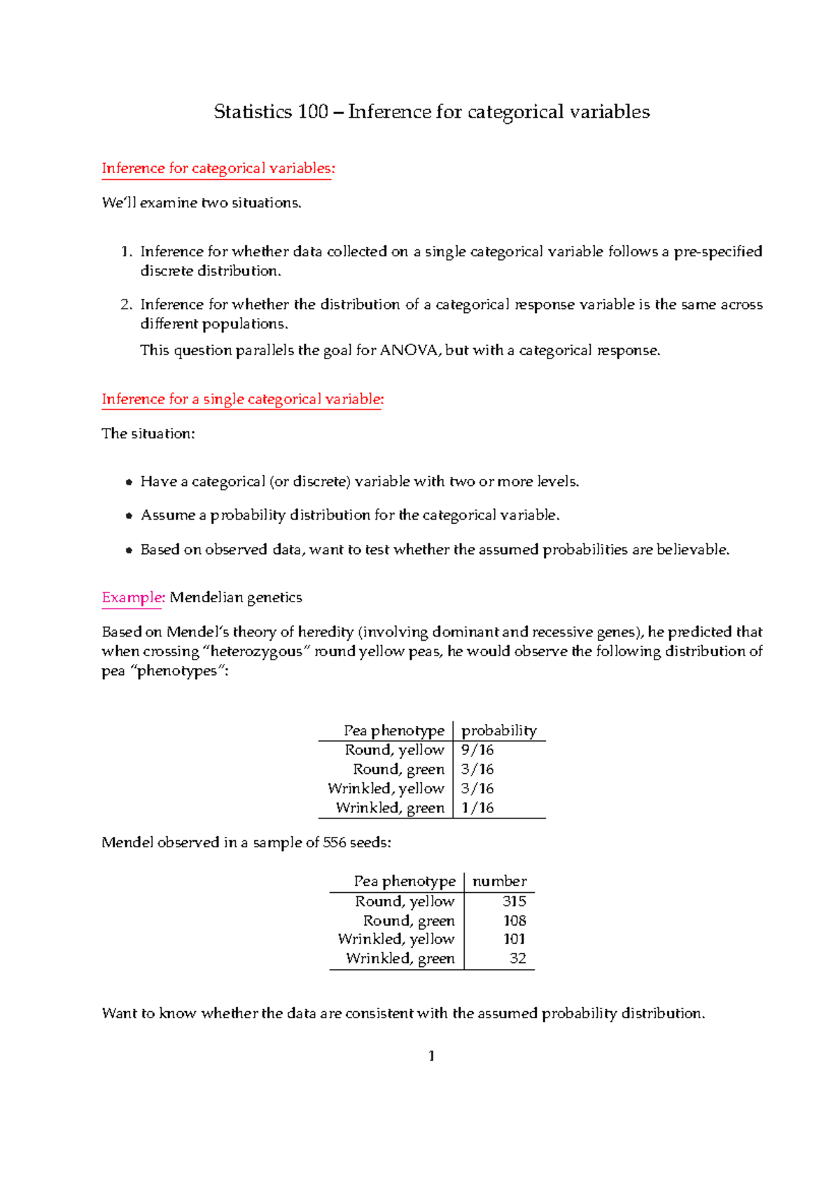 Lecture notes, Lecture 12-STAT100 - Statistics 100 Inference for ...