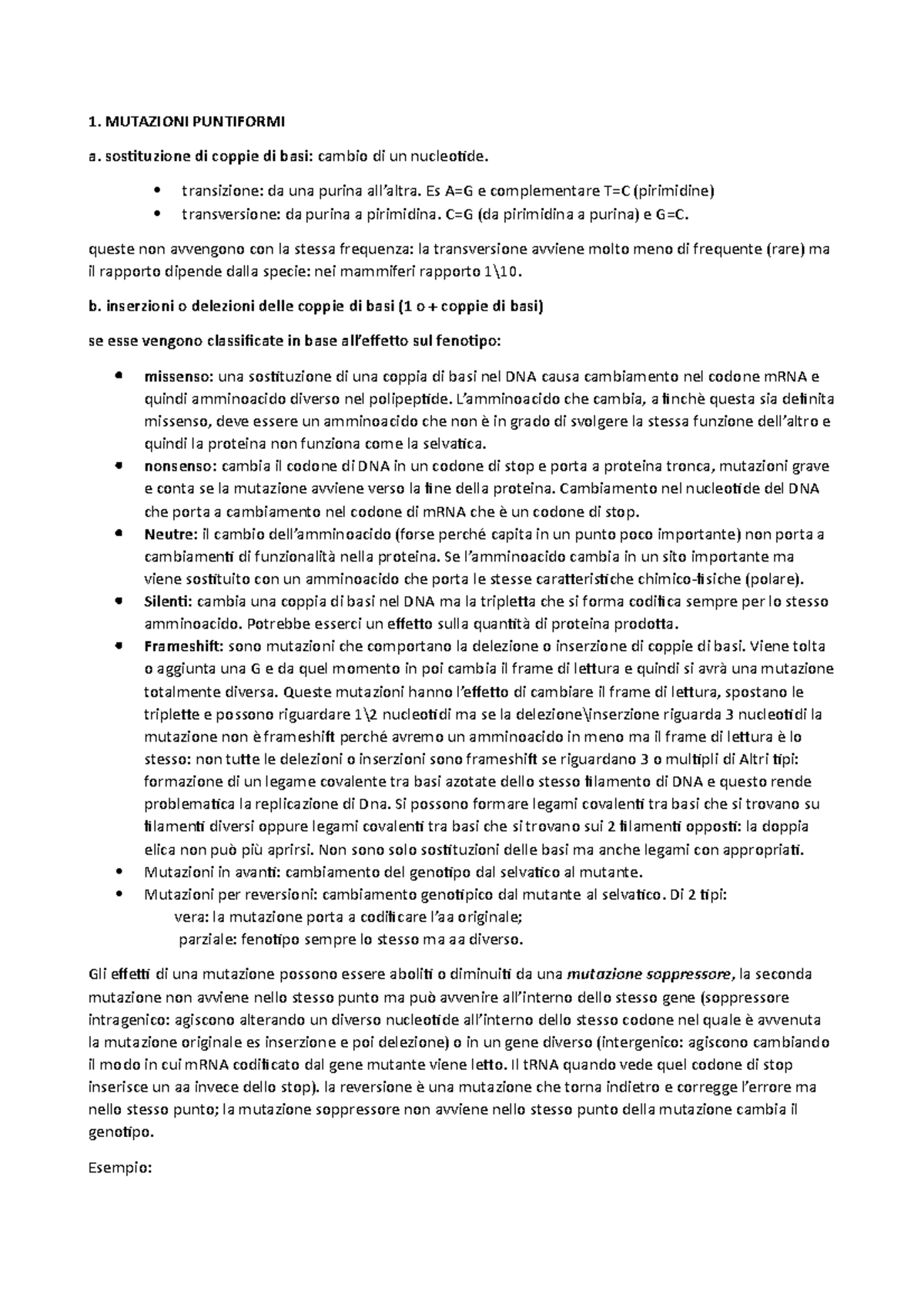 Mutazioni puntiformi - 1. MUTAZIONI PUNTIFORMI a. sostituzione di ...