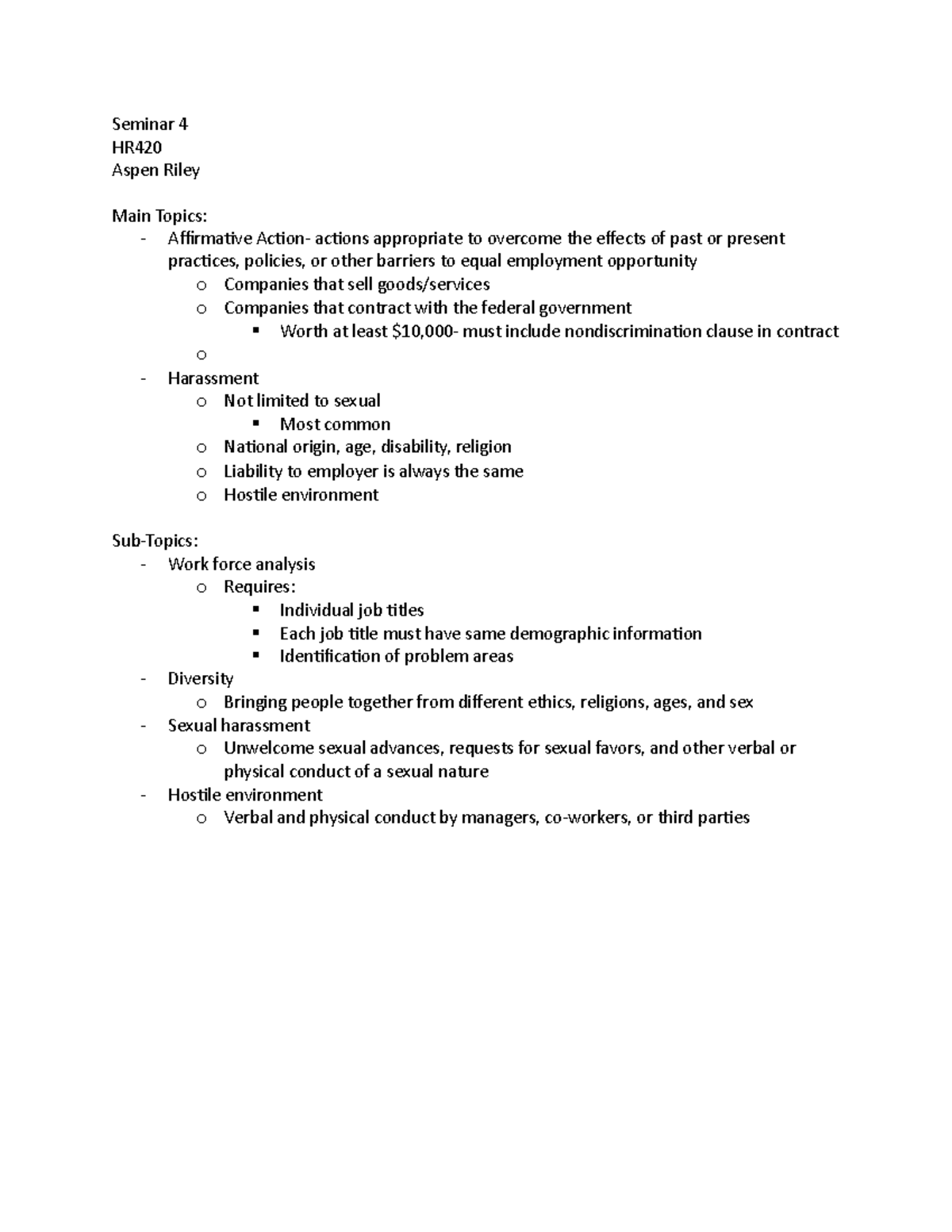 Unit 4 Seminar for HR420 - Seminar 4 HR Aspen Riley Main Topics ...