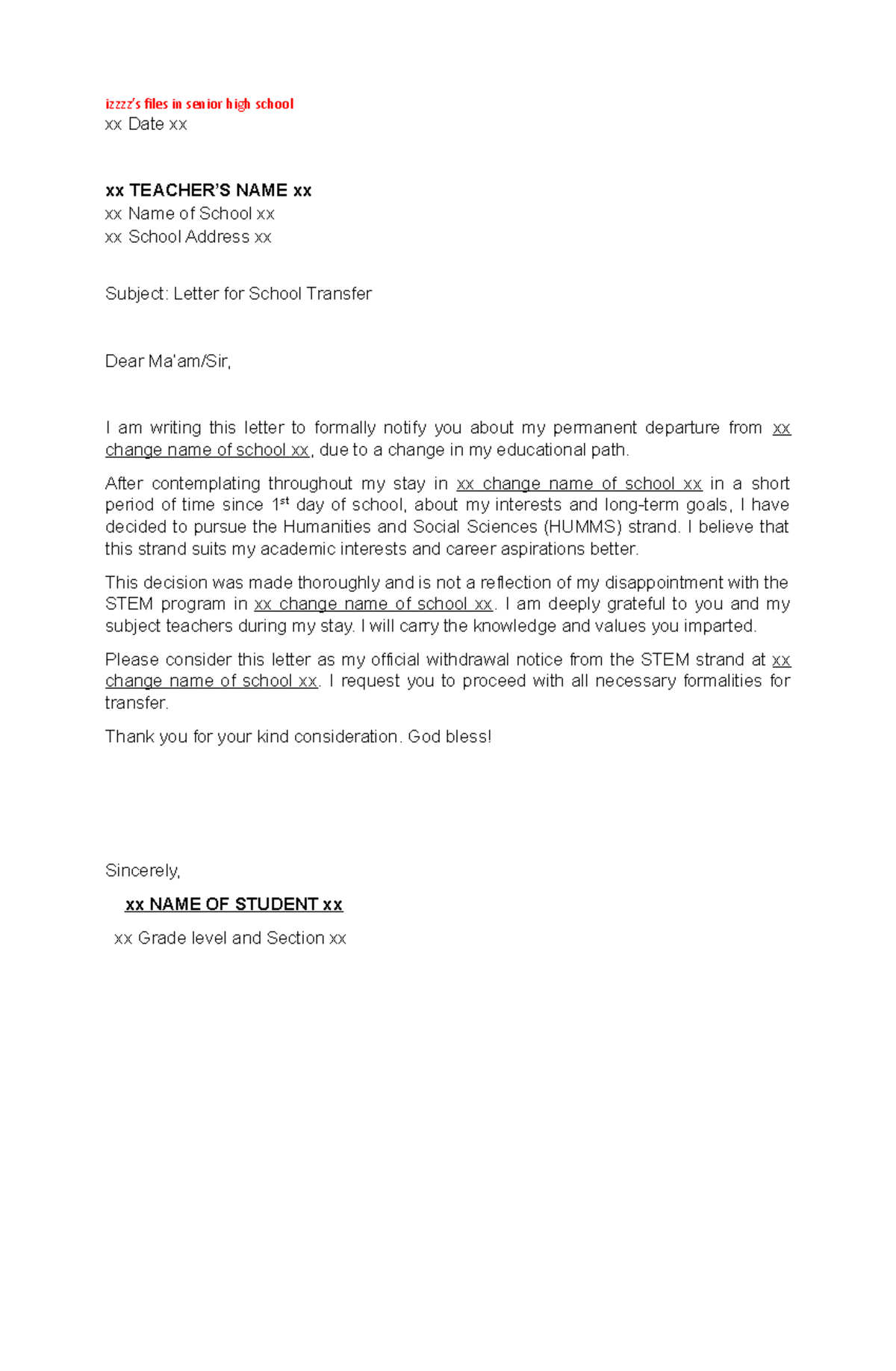 School Transfer Letter from STEM strand to Humms strand - izzzz’s files ...