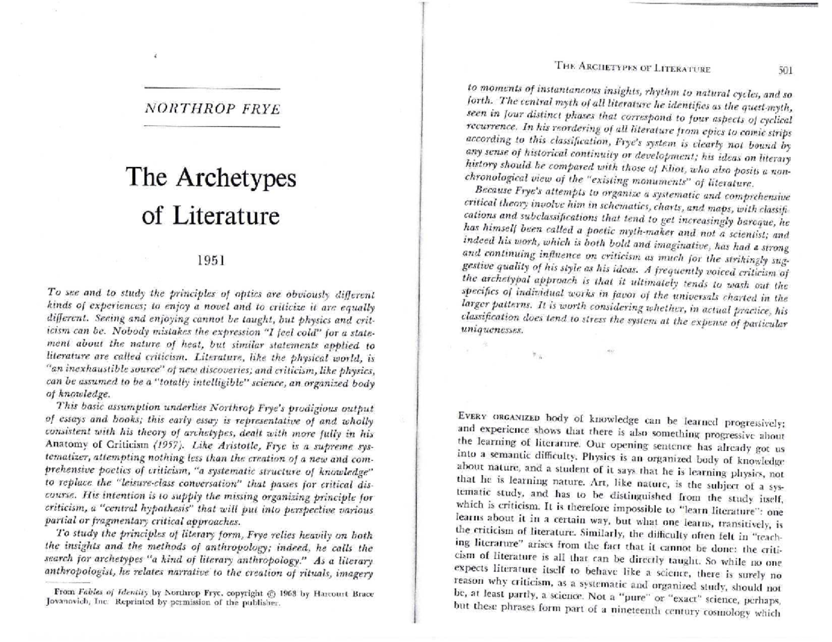The archetypes of literature n frye - NORTHROP FRYE The Archetypes of ...
