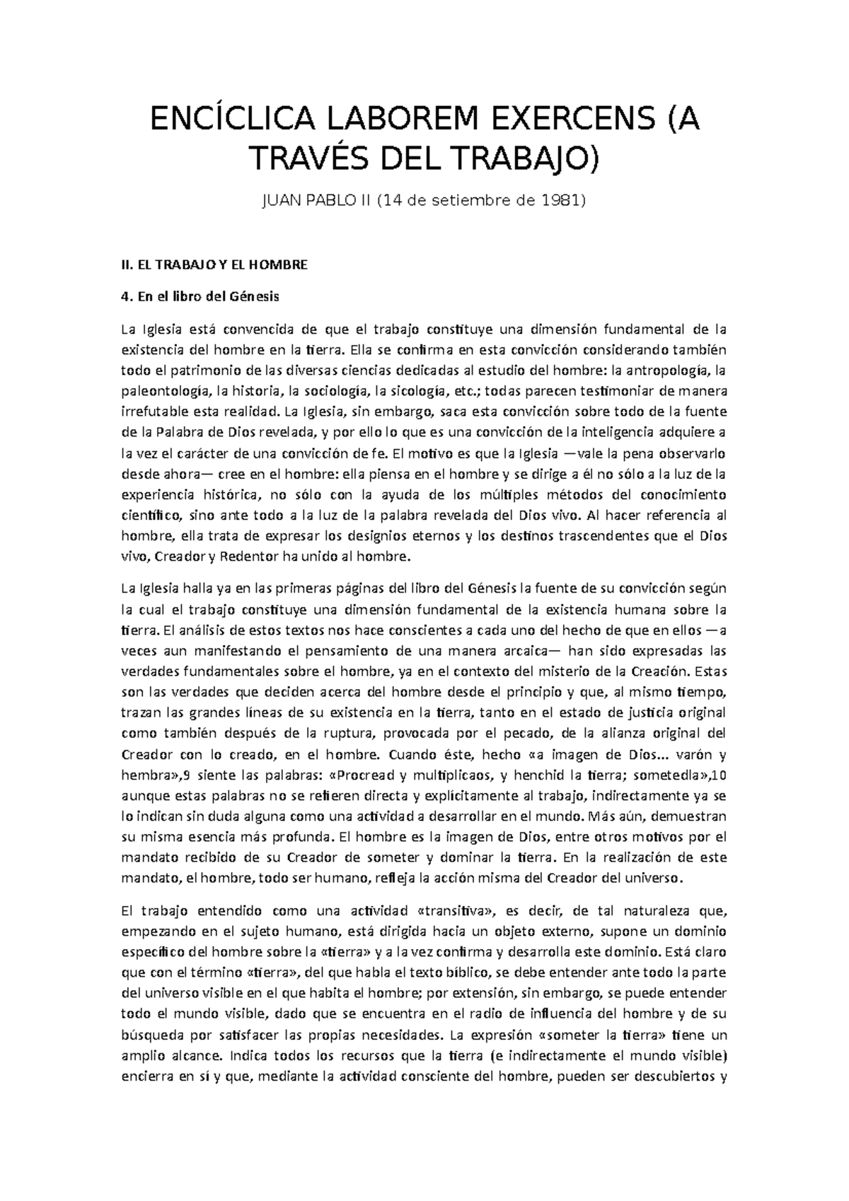 Encíclica Laborem Exercens EL Trabajo Y EL Hombre - ENCÍCLICA LABOREM ...