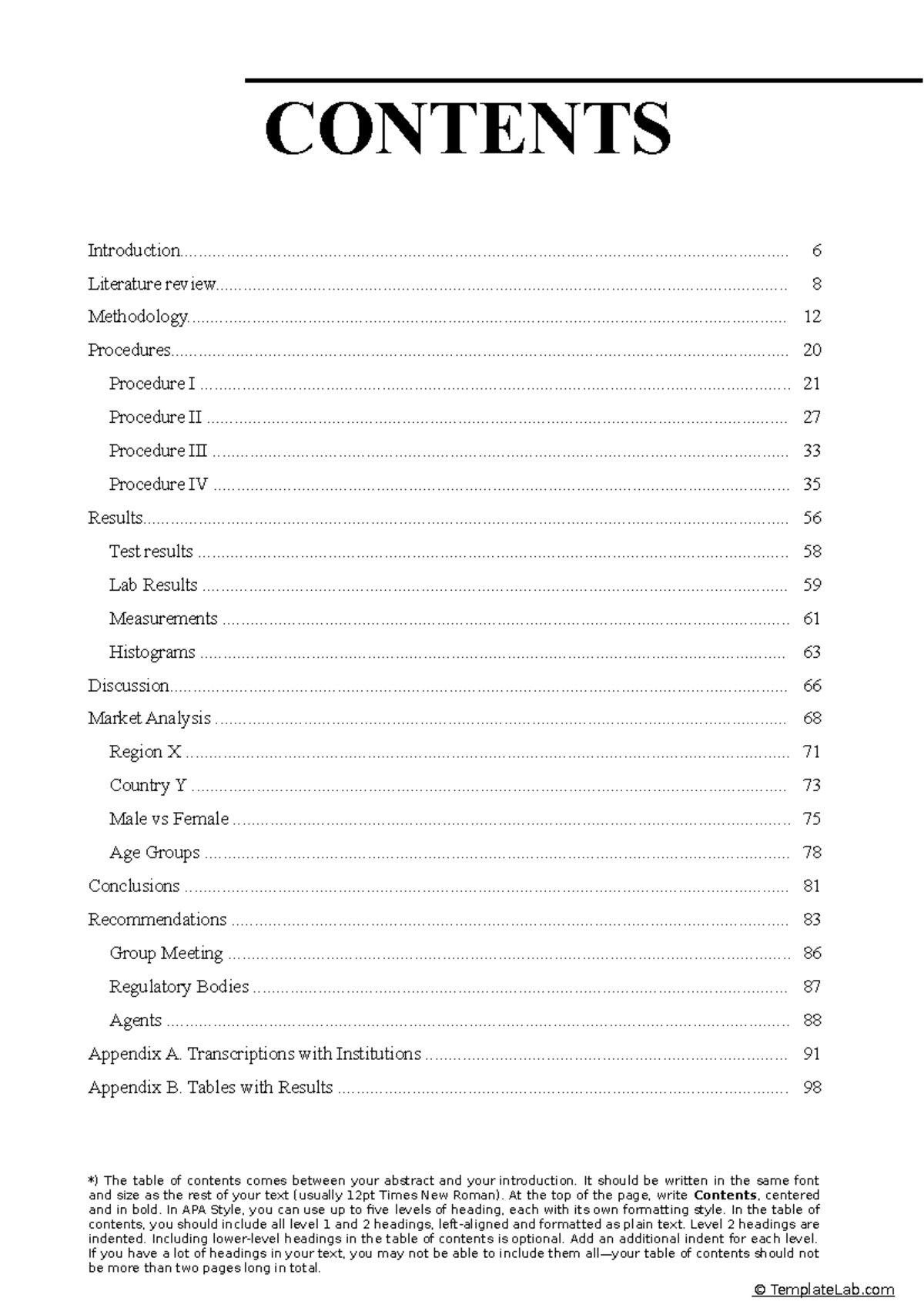 APA Table of Contents - Template Lab - *) The table of contents comes ...