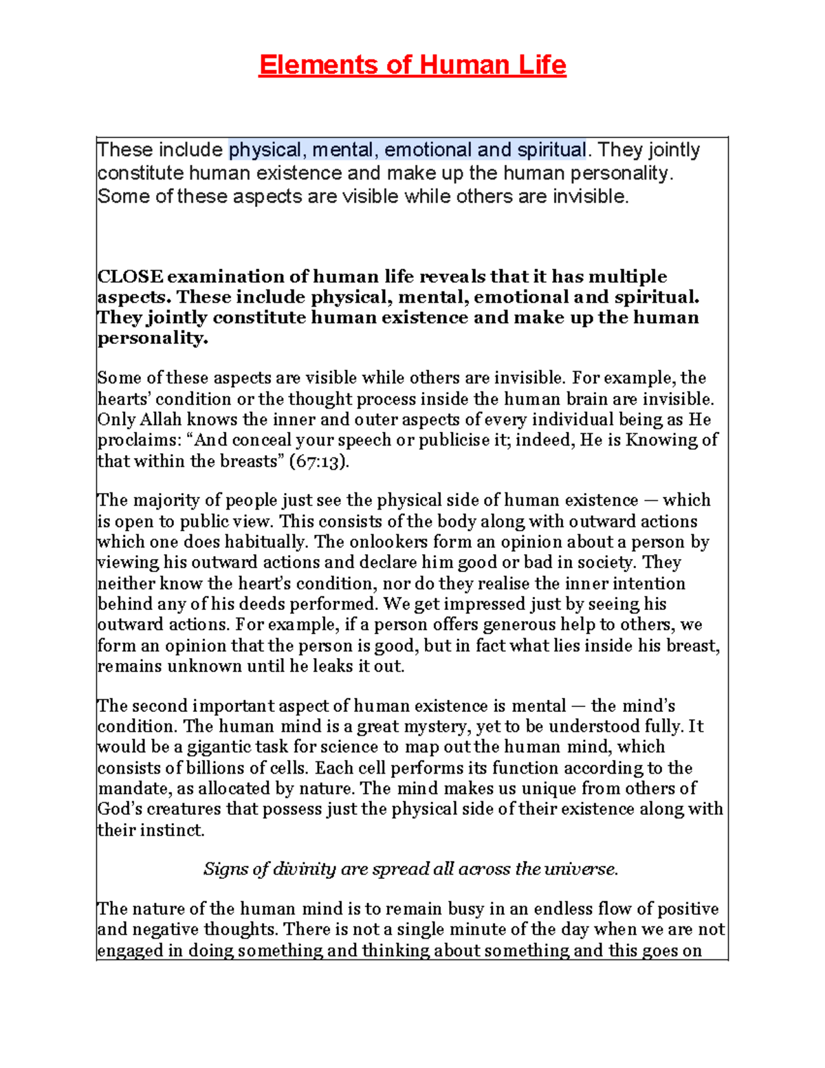 Elements of Human Life - Elements of Human Life These include physical ...