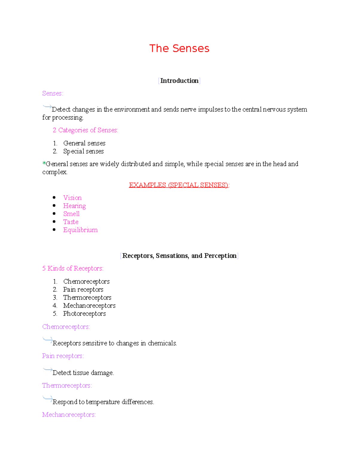 The Senses Notes (class year: fall 2021) - The Senses [ Introduction ...