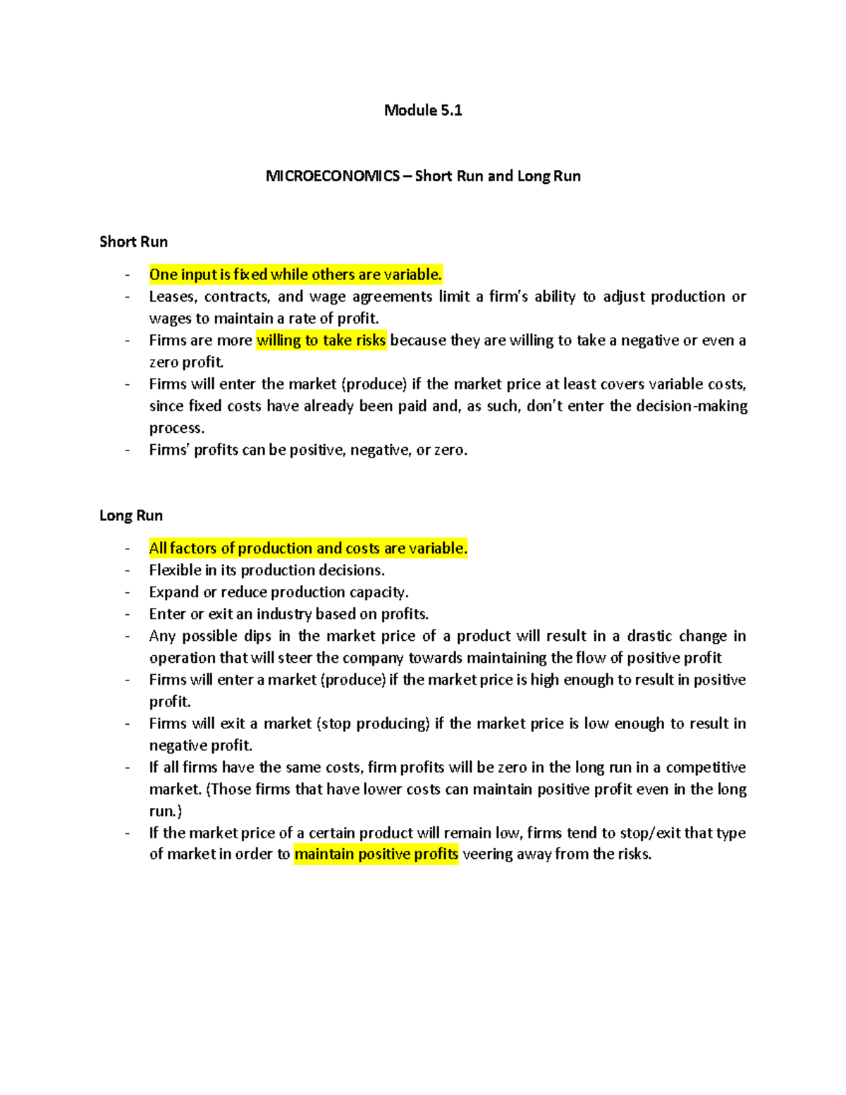 Module Notes Finals - Module 5. MICROECONOMICS – Short Run and Long Run ...