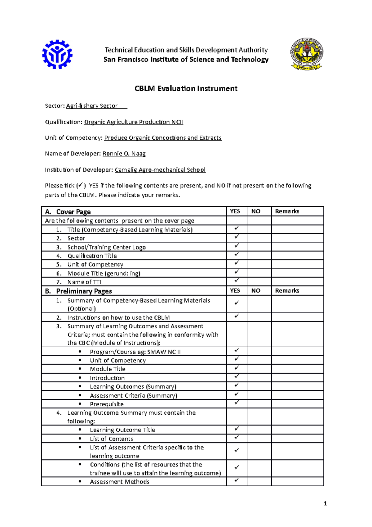 CBLM Evaluation Instrument OAP NCII - Technical Education and Skills Development Authority San ...