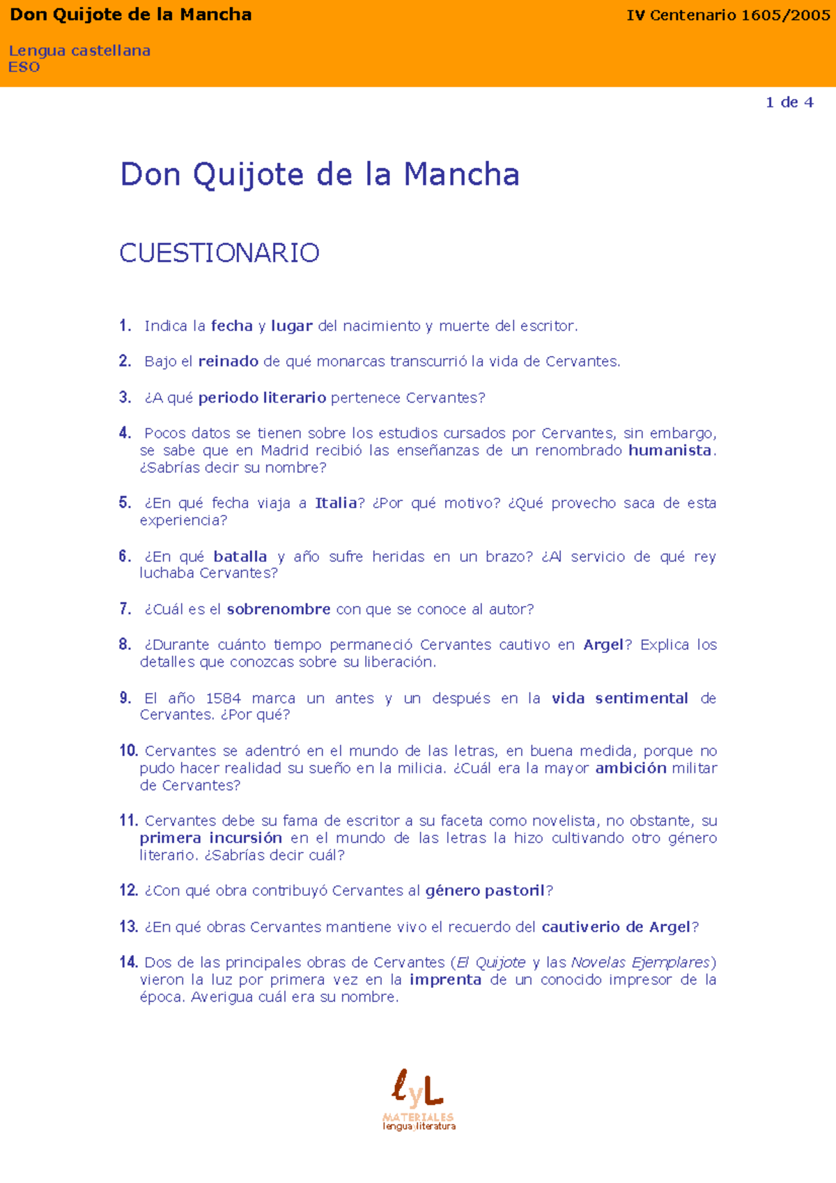 cuestionario de literatura - Lengua castellana ESO Don Quijote de la ...