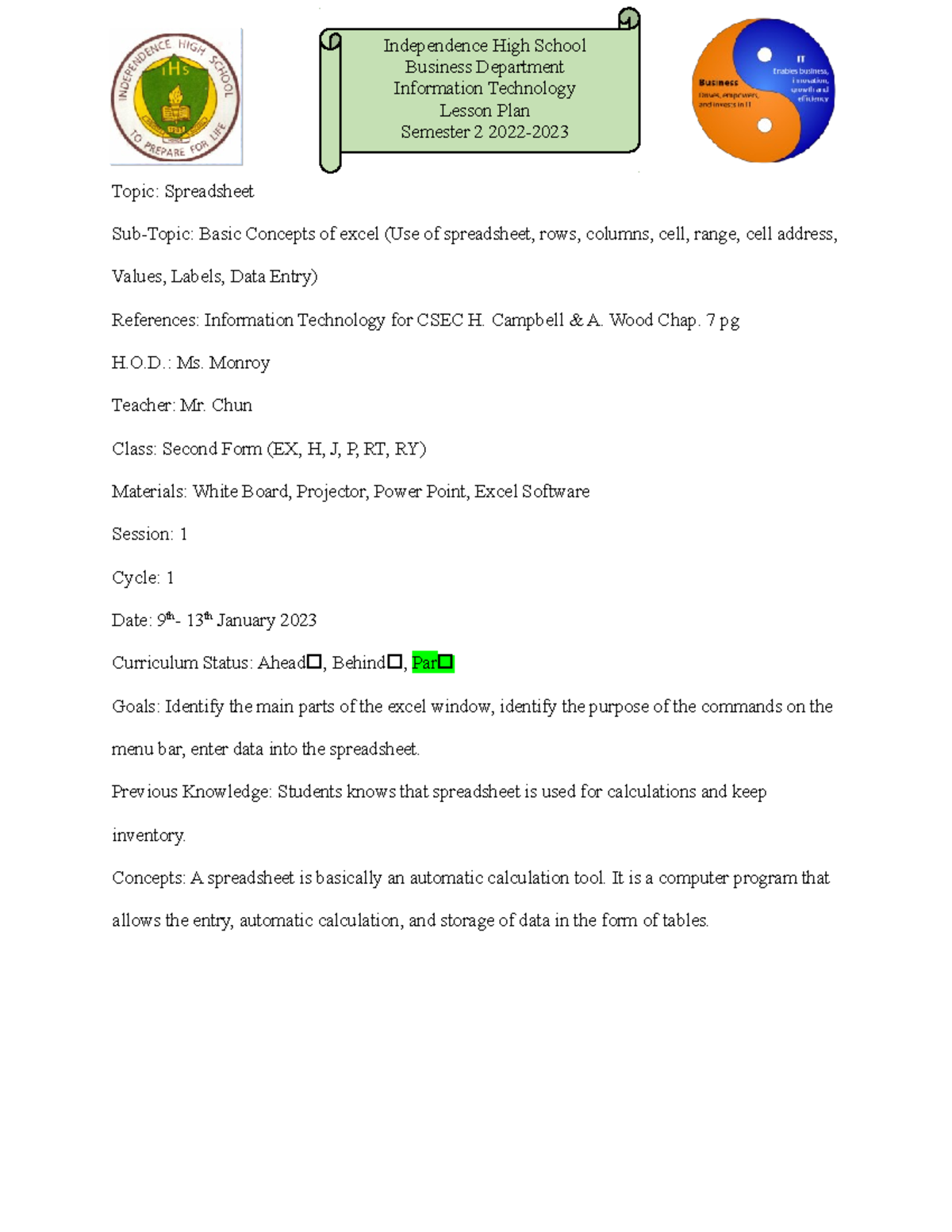 2nd Form Lesson Cycle 1 - Topic: Spreadsheet Sub-Topic: Basic Concepts ...