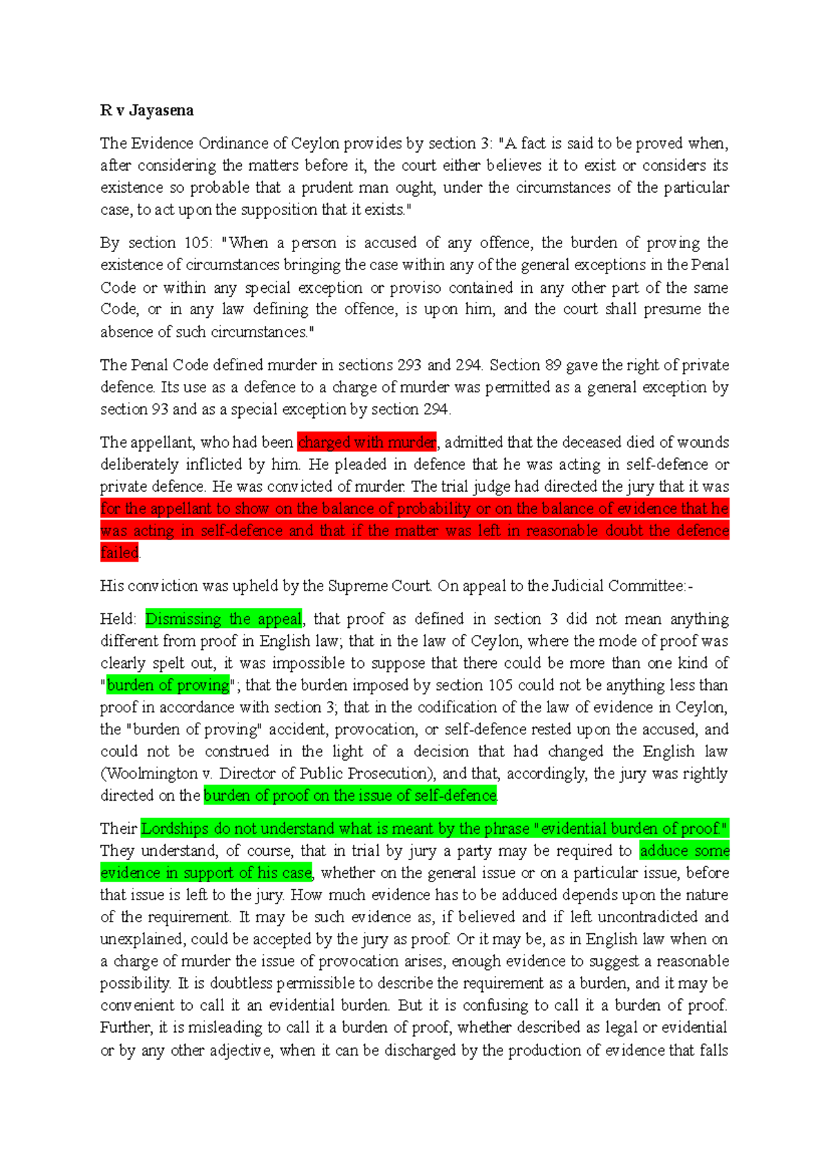 R v Jayasena - R v Jayasena The Evidence Ordinance of Ceylon provides ...
