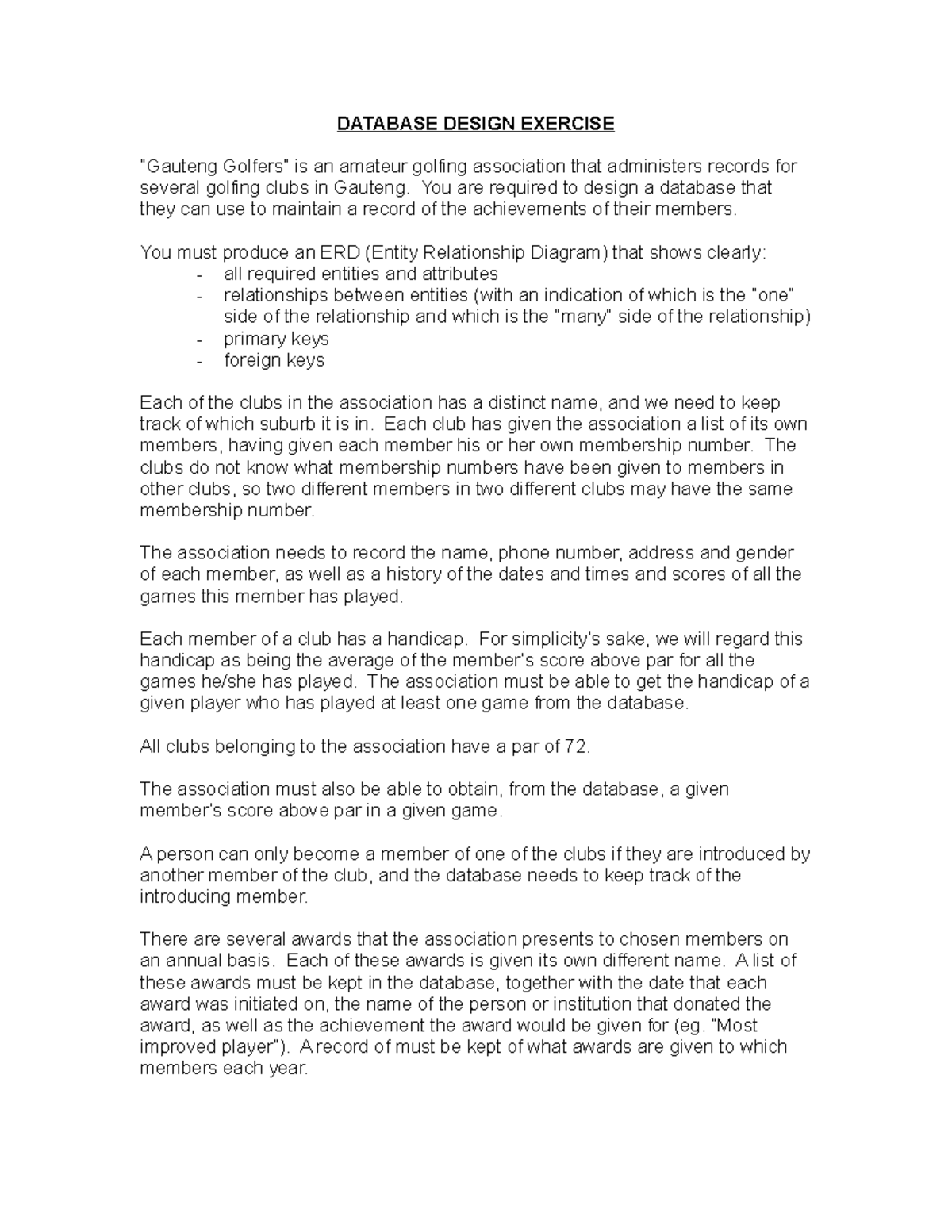 Database Design Exercise - DATABASE DESIGN EXERCISE “Gauteng Golfers ...