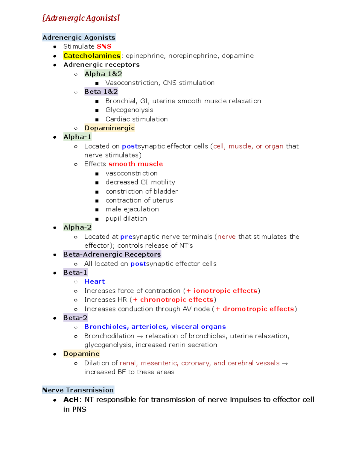Exam 1 - exam 1 medications study guide 2022 - [Adrenergic Agonists ...