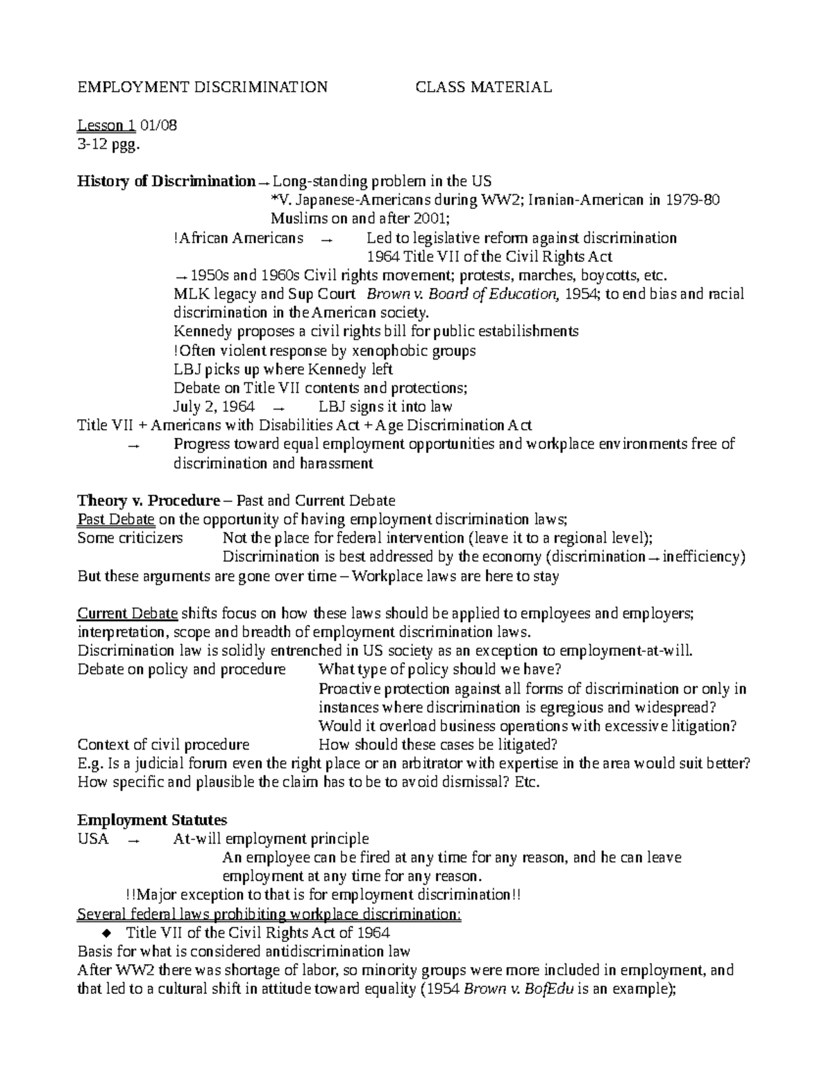 Employment Discrimination Summary - EMPLOYMENT DISCRIMINATION CLASS ...
