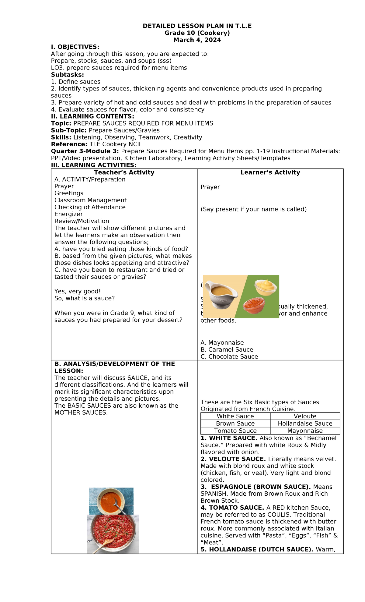 Sauce topic with - DETAILED LESSON PLAN IN T.L Grade 10 (Cookery) March ...