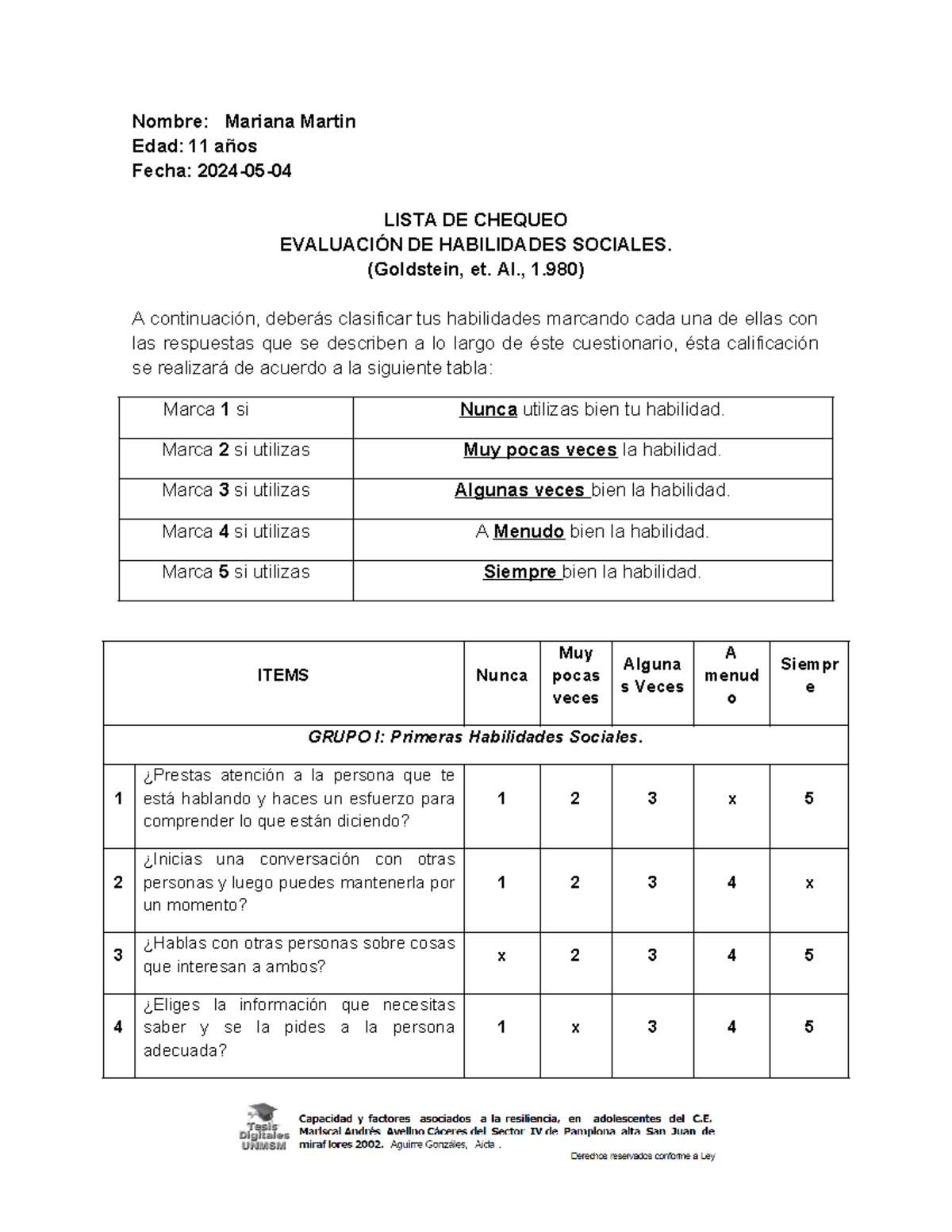 Lista de chequeo Habilidades sociales Golstein - Nombre: Mariana Martin ...