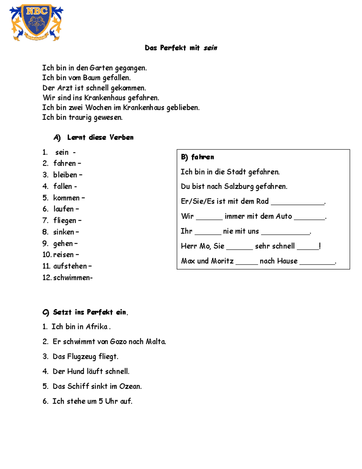 Das Perfekt mit sein - Simple perfect tense with the verb sein. - Das ...