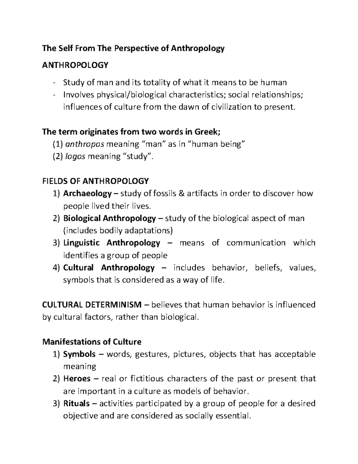 Antrophological SELF - This lecture focuses on the anthropological self ...