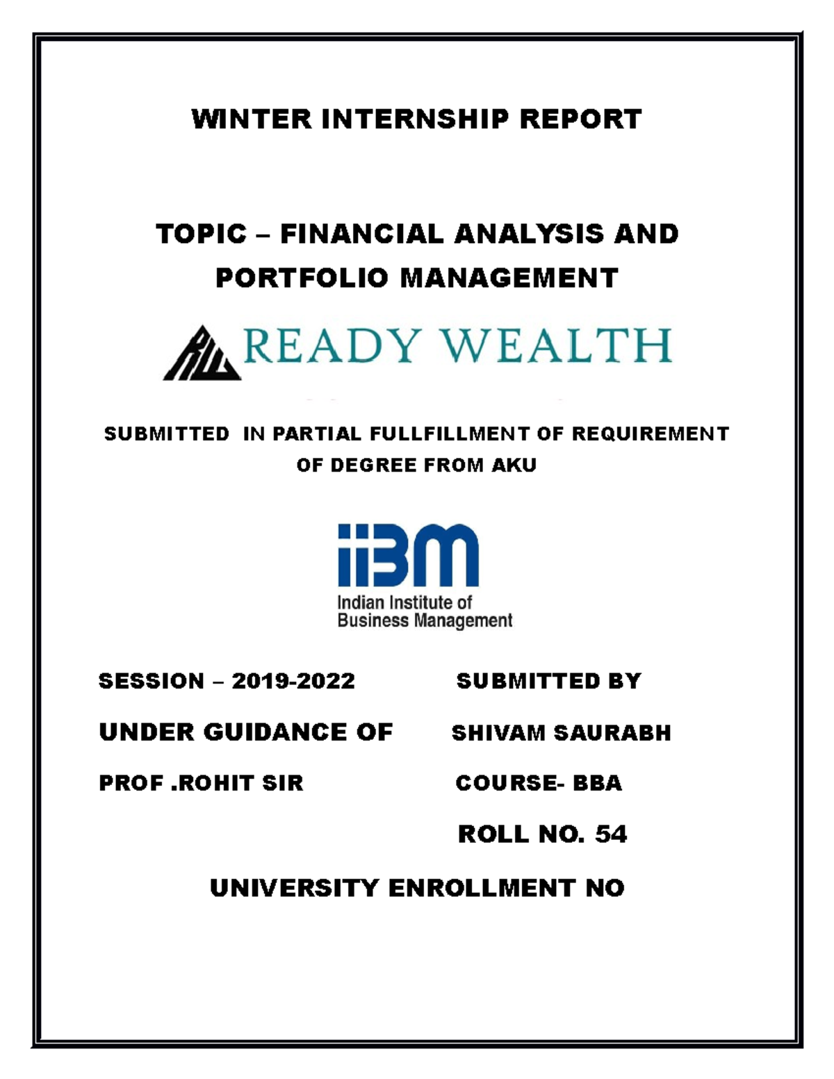 Winter Internship Report - WINTER INTERNSHIP REPORT TOPIC – FINANCIAL ANALYSIS AND PORTFOLIO ...