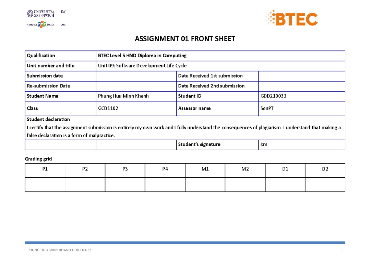 ASM1 1631 Software Development Life Cycle - ASSIGNMENT 01 FRONT SHEET Qualification BTEC Level 5 ...
