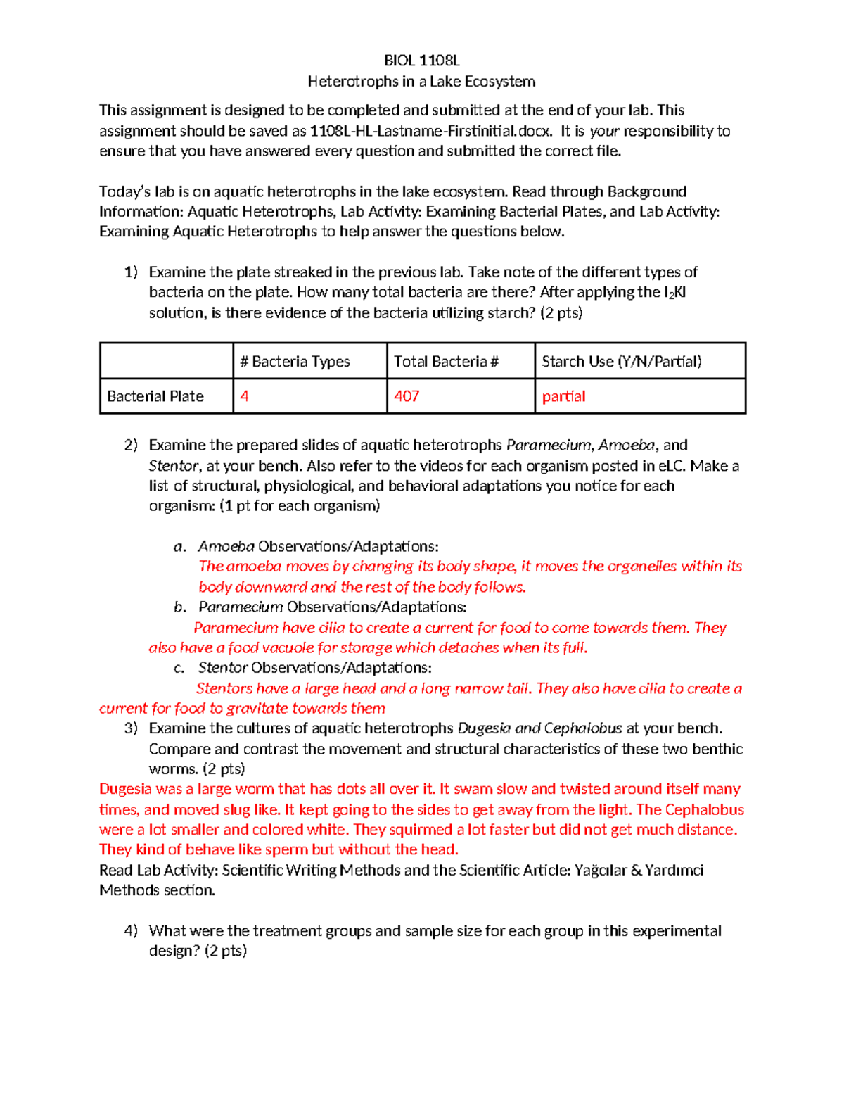 1108L report sheet - BIOL 1108L Heterotrophs in a Lake Ecosystem This assignment is designed to ...