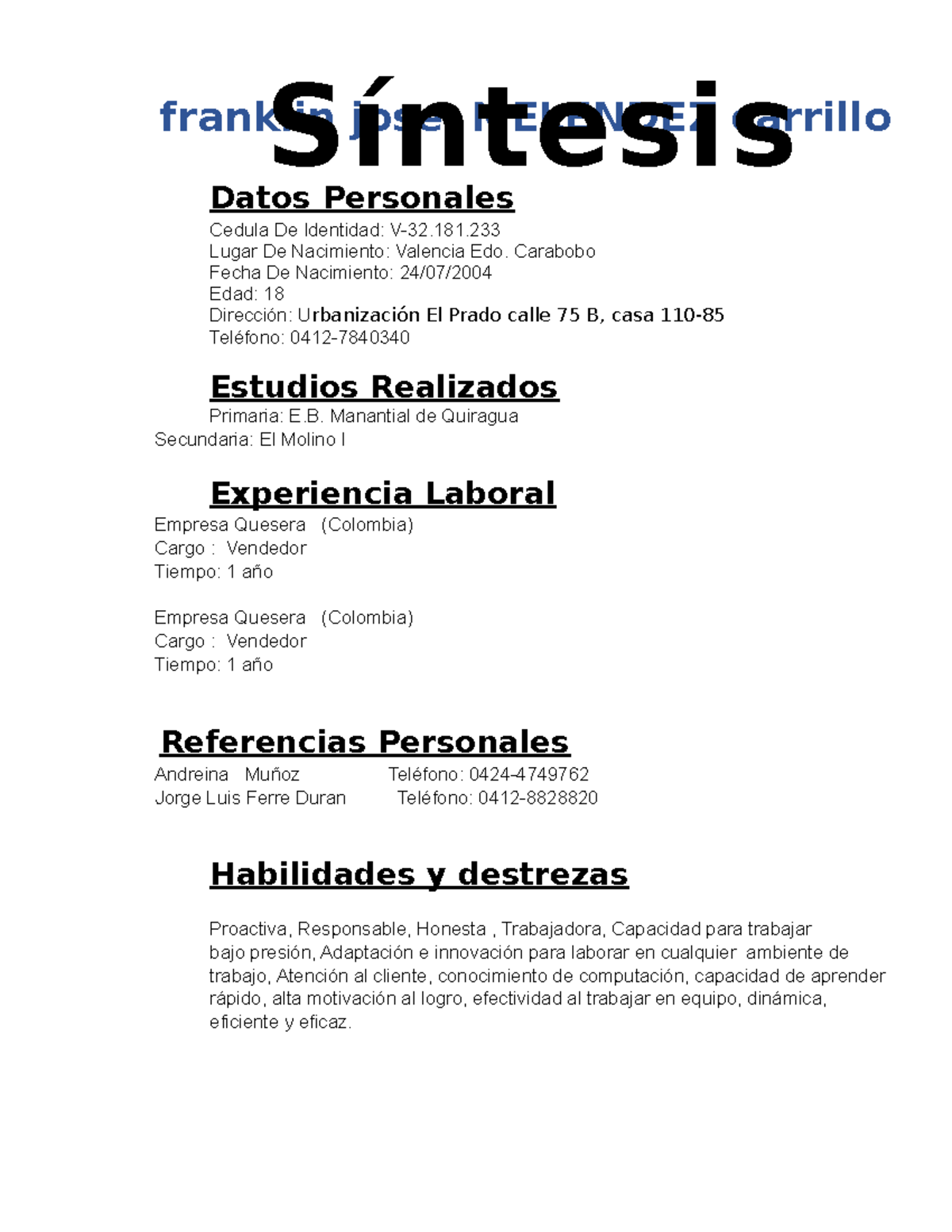 Curriculo fran - asd - franklin jose MELENDEZ carrillo Datos Personales ...