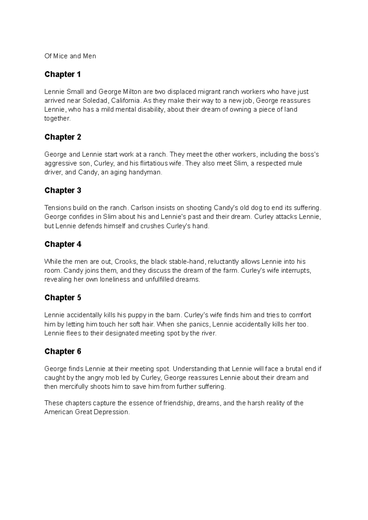 Short summary of all chapters from 'John Steinbeck’s Of Mice and Men ...